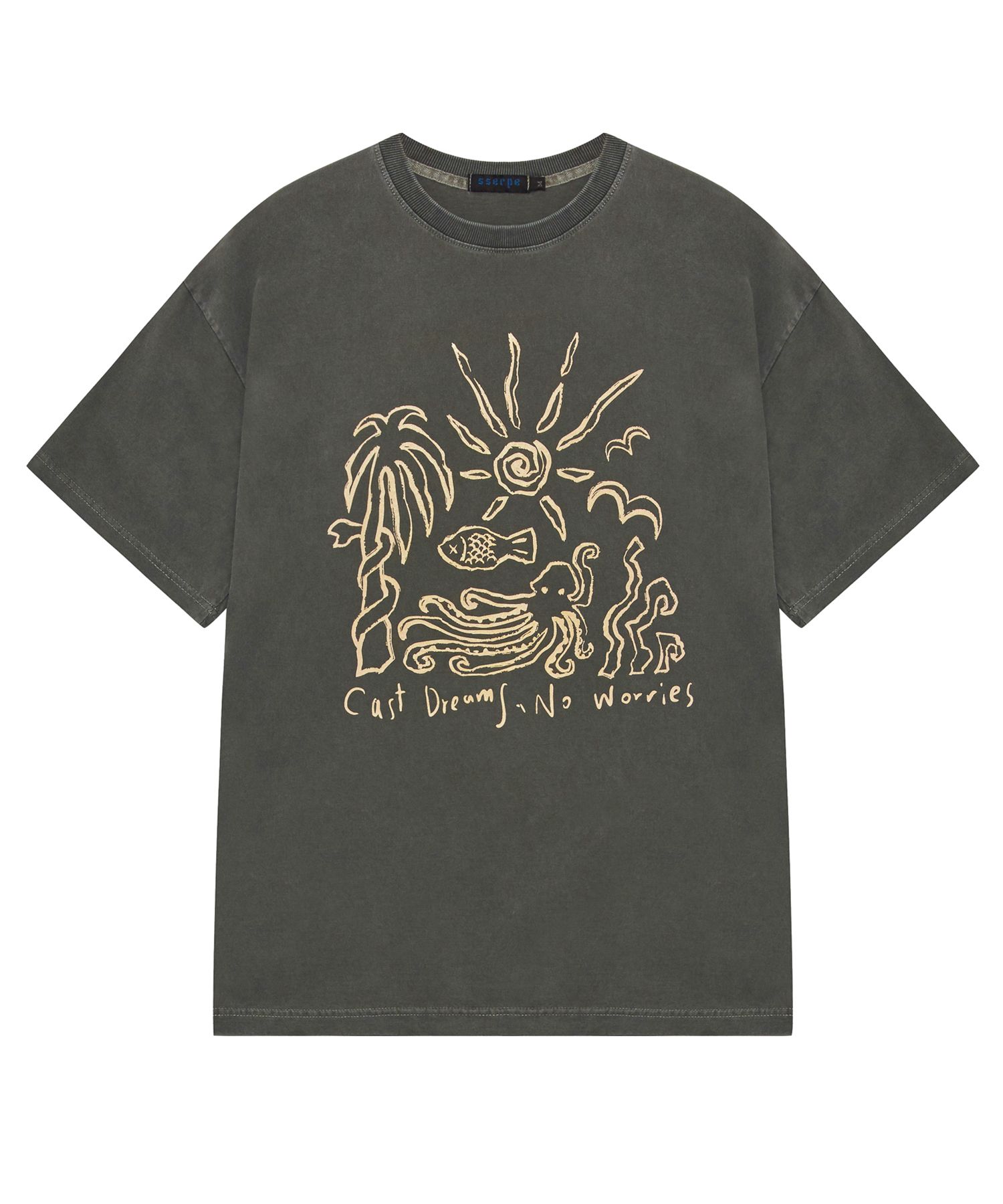 MUSINSA | SSERPE Cast Dream No Worries Pigment Short Sleeve T-Shirt Khaki