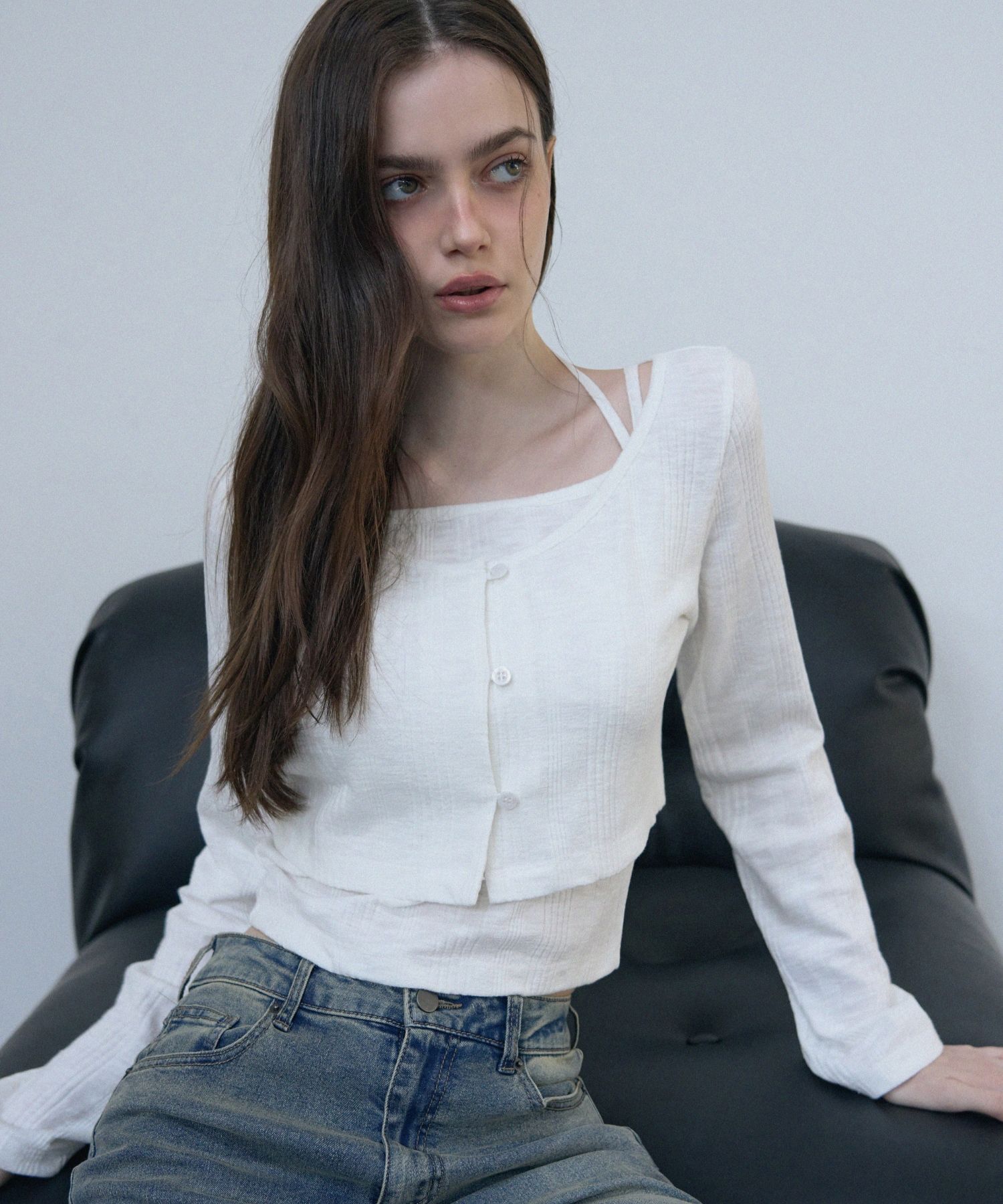 MUSINSA | LEATHERY Halter Neck Sleeveless Cardigan Set [WHITE]