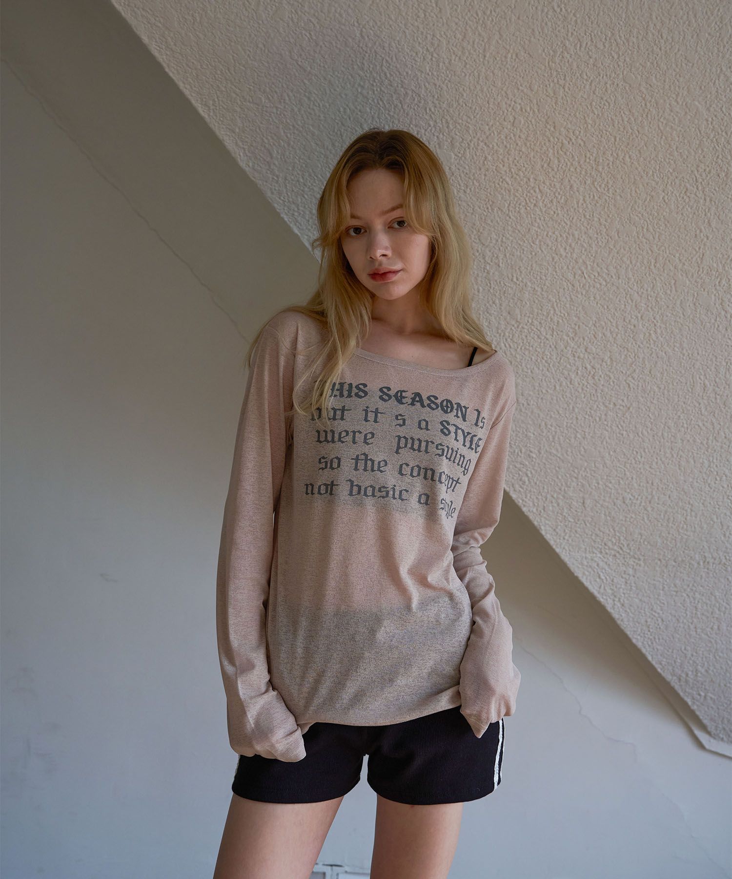 MUSINSA公式 | 5OML See-through lettering loose fit long sleeve beige