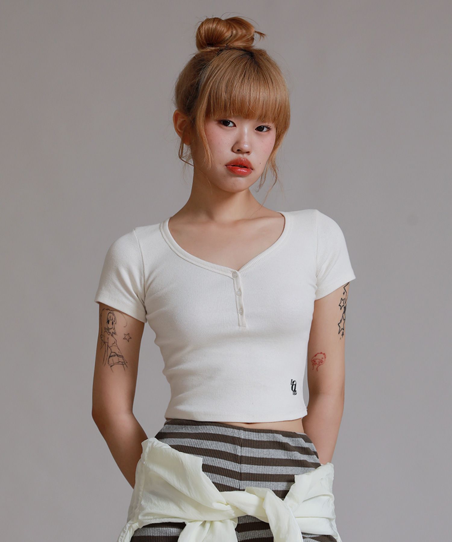 MUSINSA | LIKE THE MOST Basic Button Henley Neck Half T-Shirt_Cream