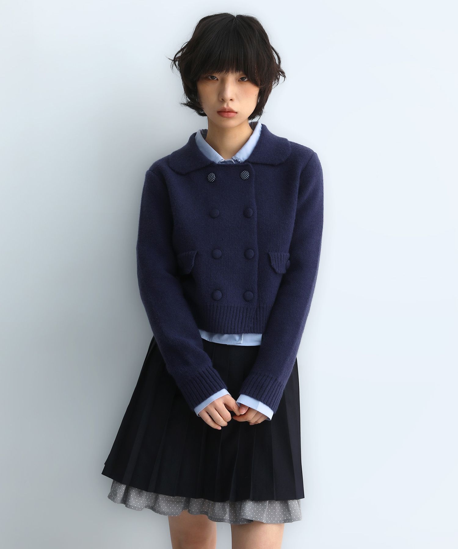 MUSINSA | BADBLUE Dot Buttons Knit Double Jacket Navy