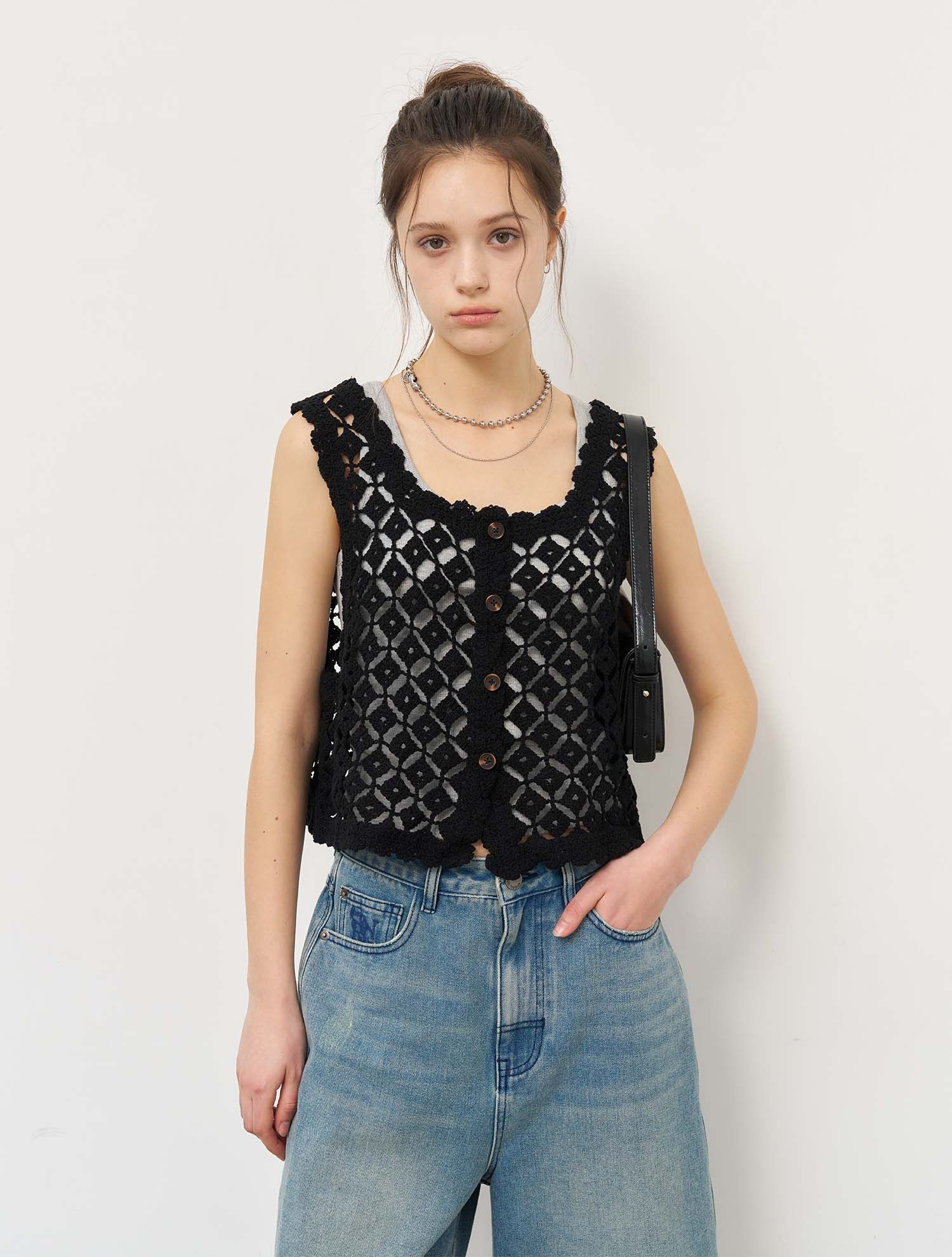 MUSINSA | GENERAL IDEA Bohemian Crochet Open Vest [BLACK] / WBE2L06550