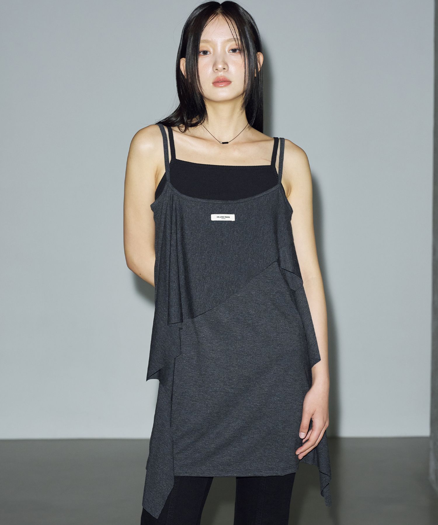 MUSINSA | HELENE PARIS Diagonal Flare Sleeveless Dress [Charcoal]