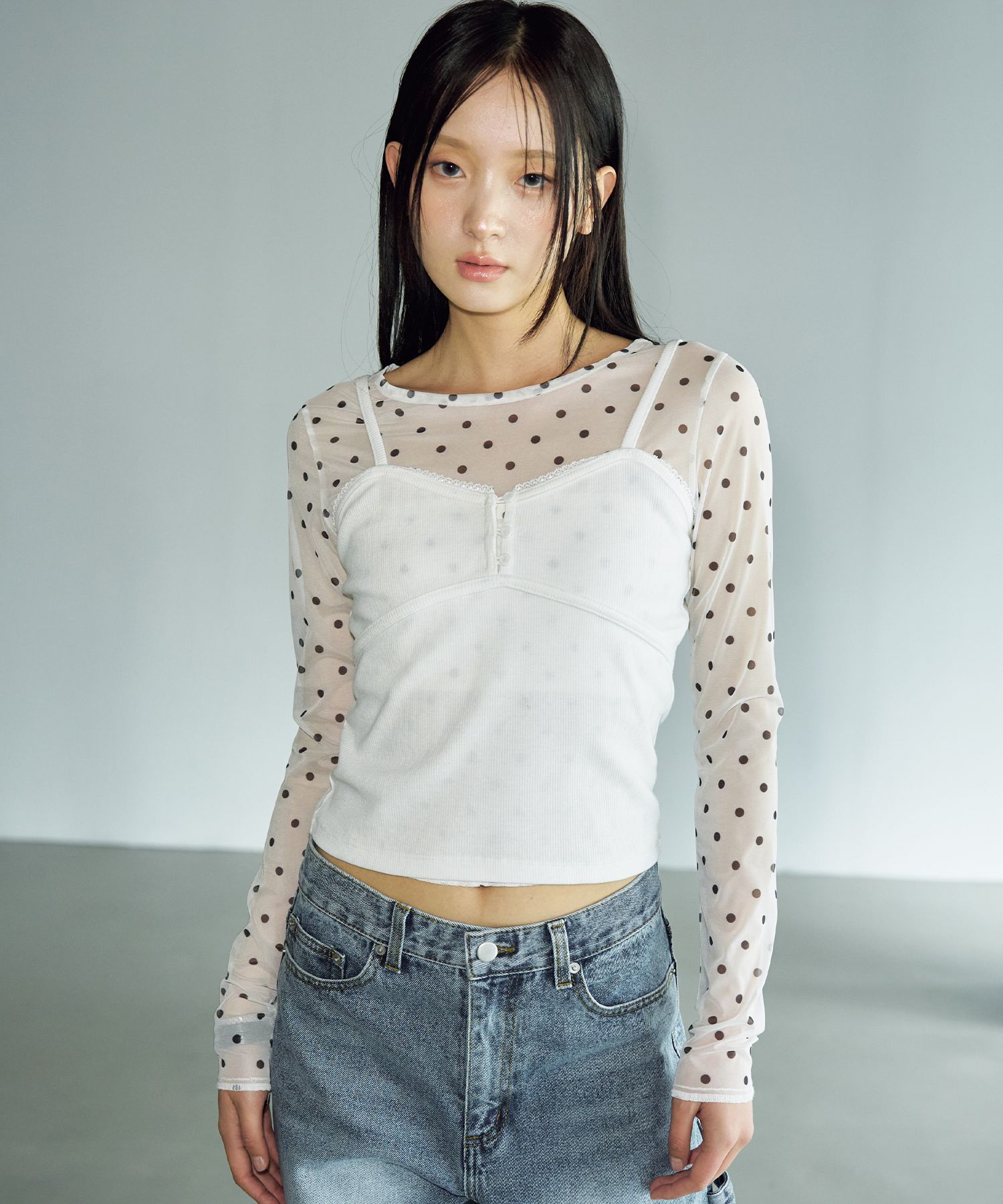 MUSINSA公式 | HELENE PARIS Dot See-Through Layered Long Sleeve [White]