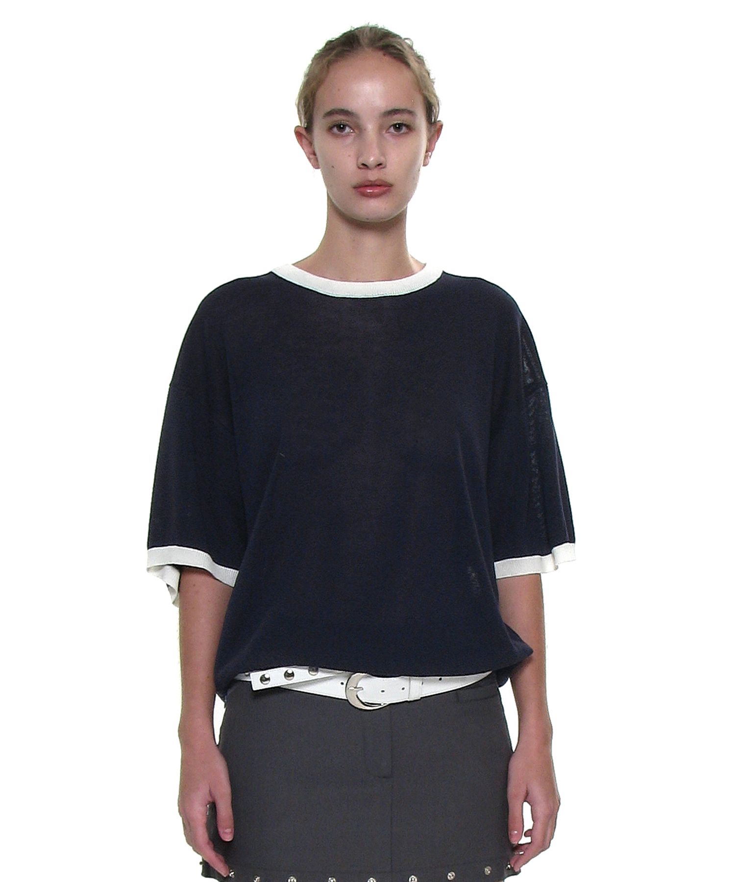 MUSINSA | PARTIMENTO WOMEN Linen Oversized Ringer Crewneck Knit_Navy
