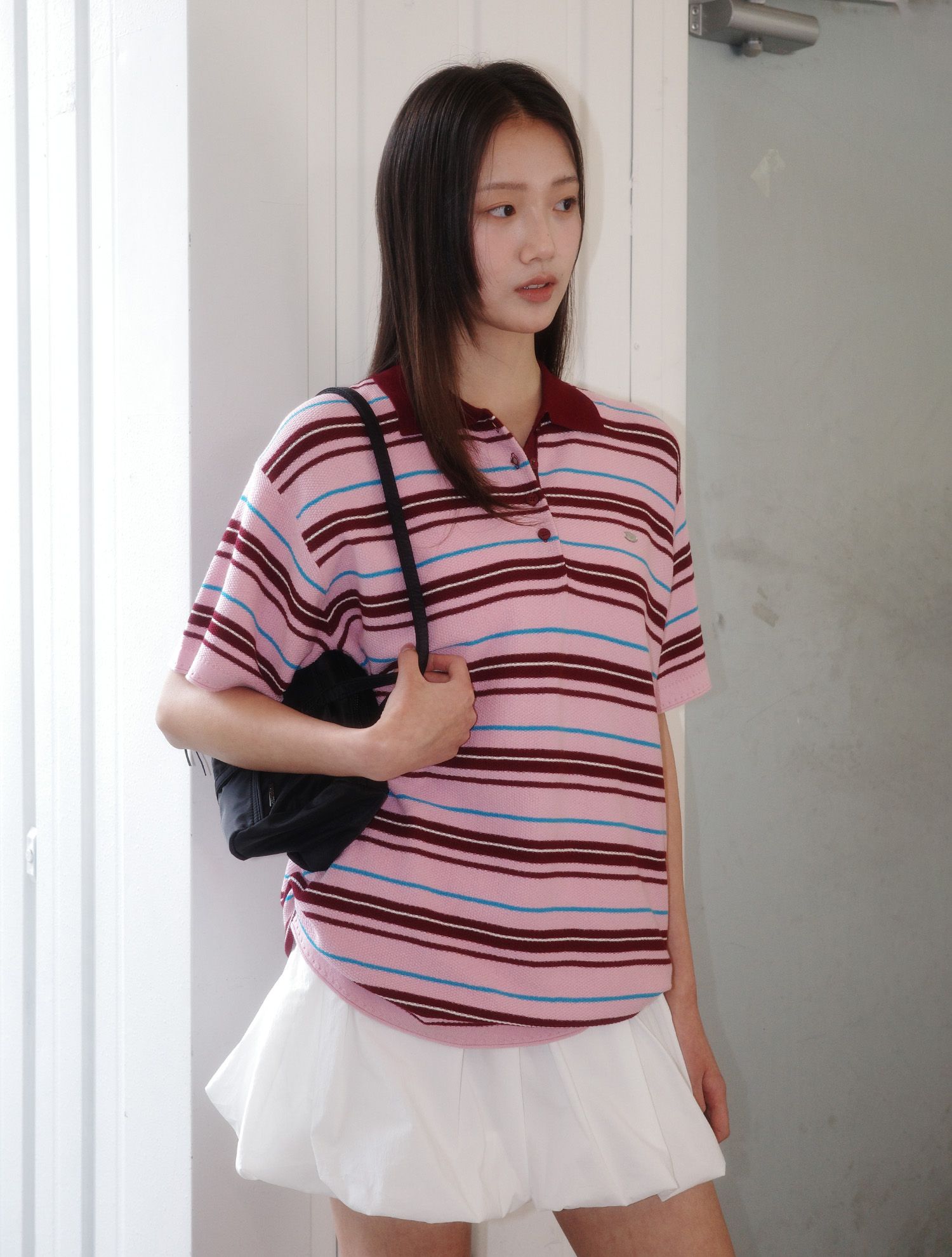 MUSINSA公式 | GENERAL IDEA Multi Stripe Collar Half Knit [PINK] / WBE2L05546