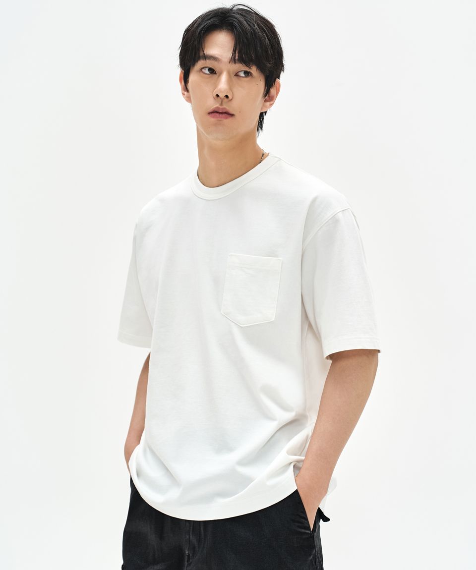 MUSINSA | SOVERMENT 460G Double Neck Pigment Pocket T-Shirt - Natural Ivory