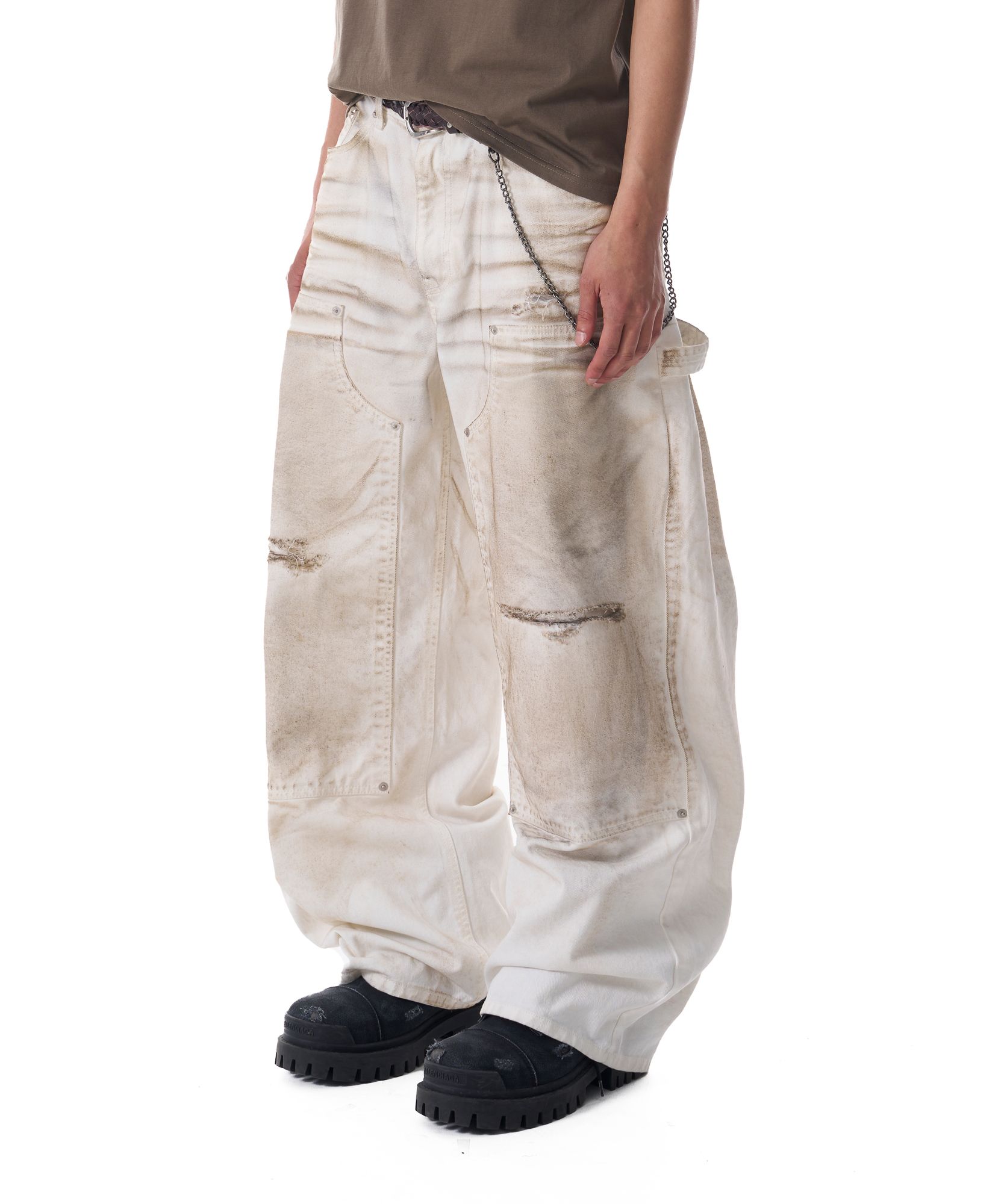 MUSINSA | AAKAM Dirty Washed Double Knee Cotton Pants (White)