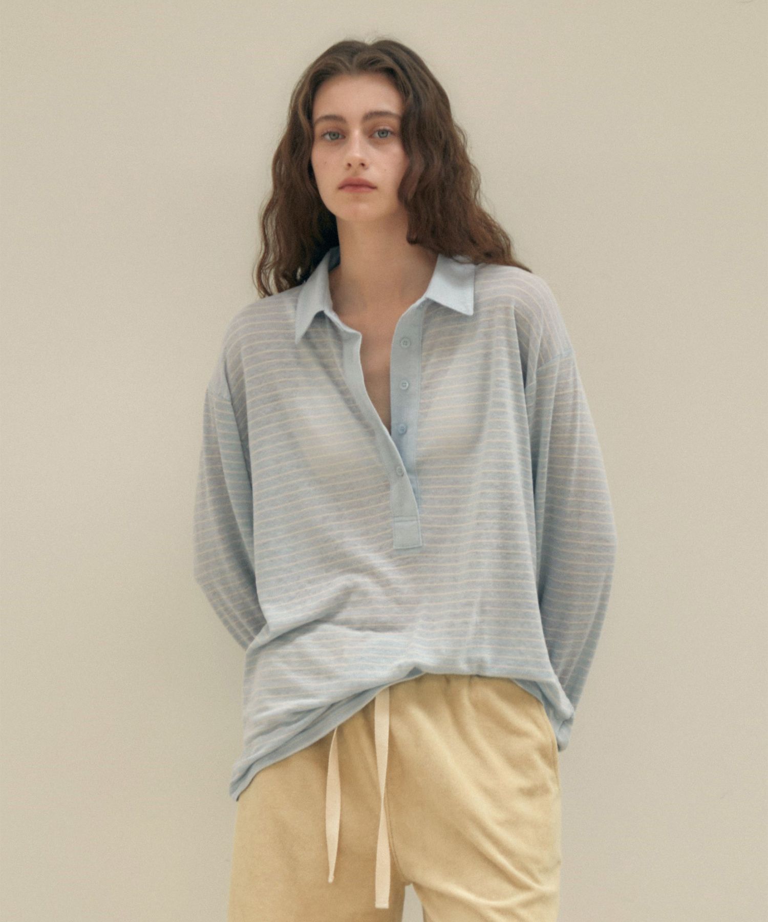 MUSINSA | THEMARGOT Linen Stripe Rugby Tee_sora