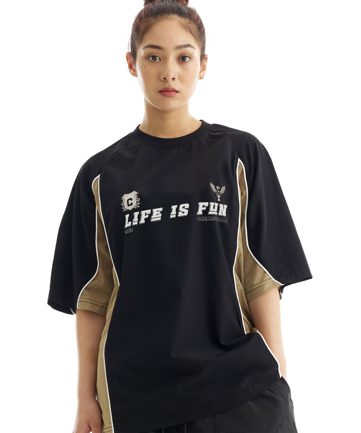 MUSINSA | CREAM SODA LAB Slogan side cut color mesh piping sporty jersey short sleeve t-shirt