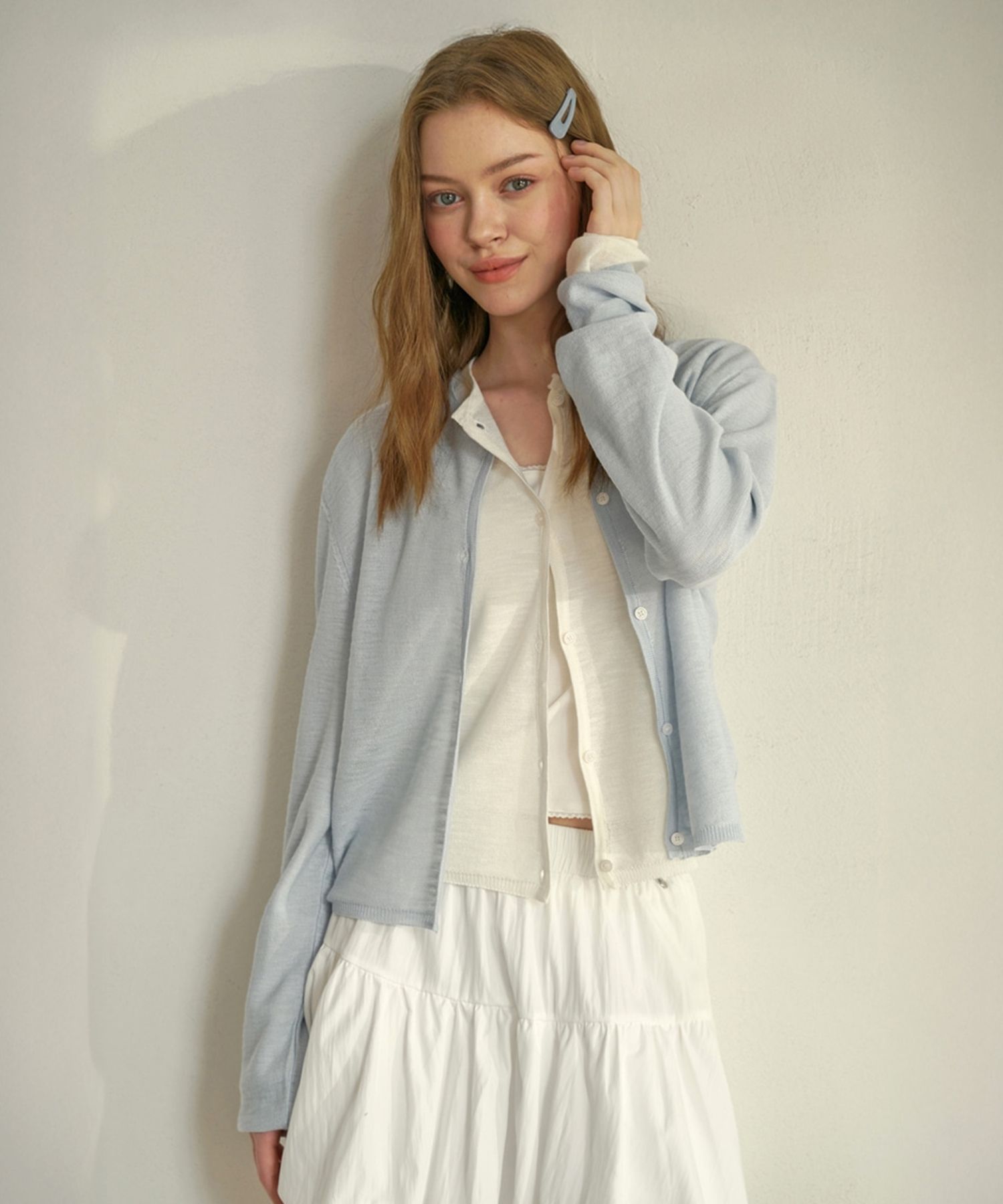 MUSINSA | MOOD INSIDE (Woman) See-through cut round knit cardigan_Sora