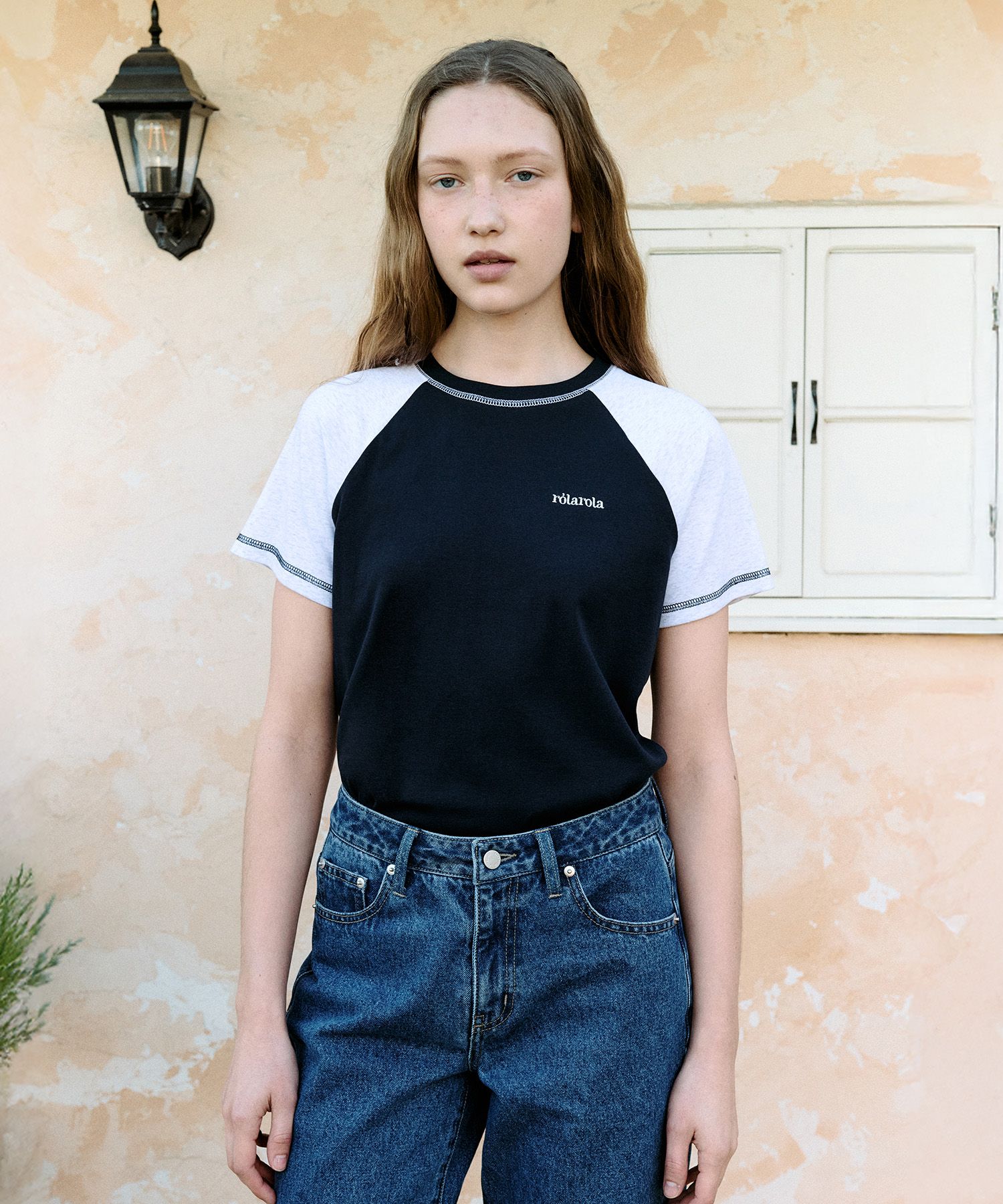 MUSINSA | ROLAROLA RAGLAN STITCH T-SHIRT NV+M/GY