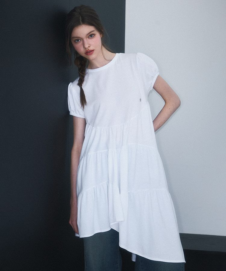 MUSINSA | ROSÉ FRANTZ Unbalance shirring Mini Dress [White]