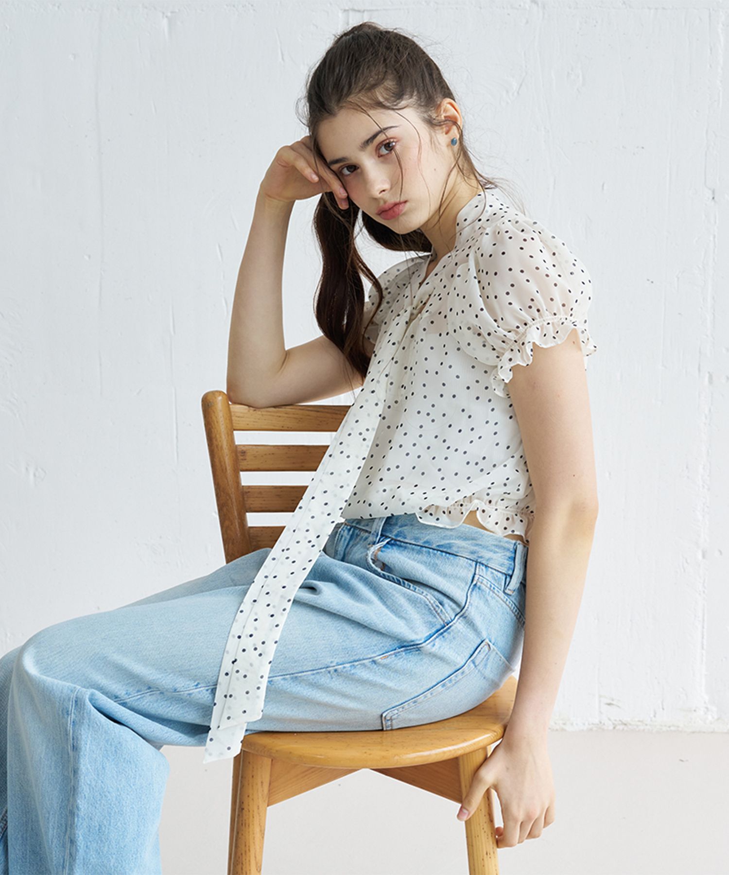 MUSINSA | VEMVER Polka Dot Puff Sleeve Smoking Tie Blouse_Ivory