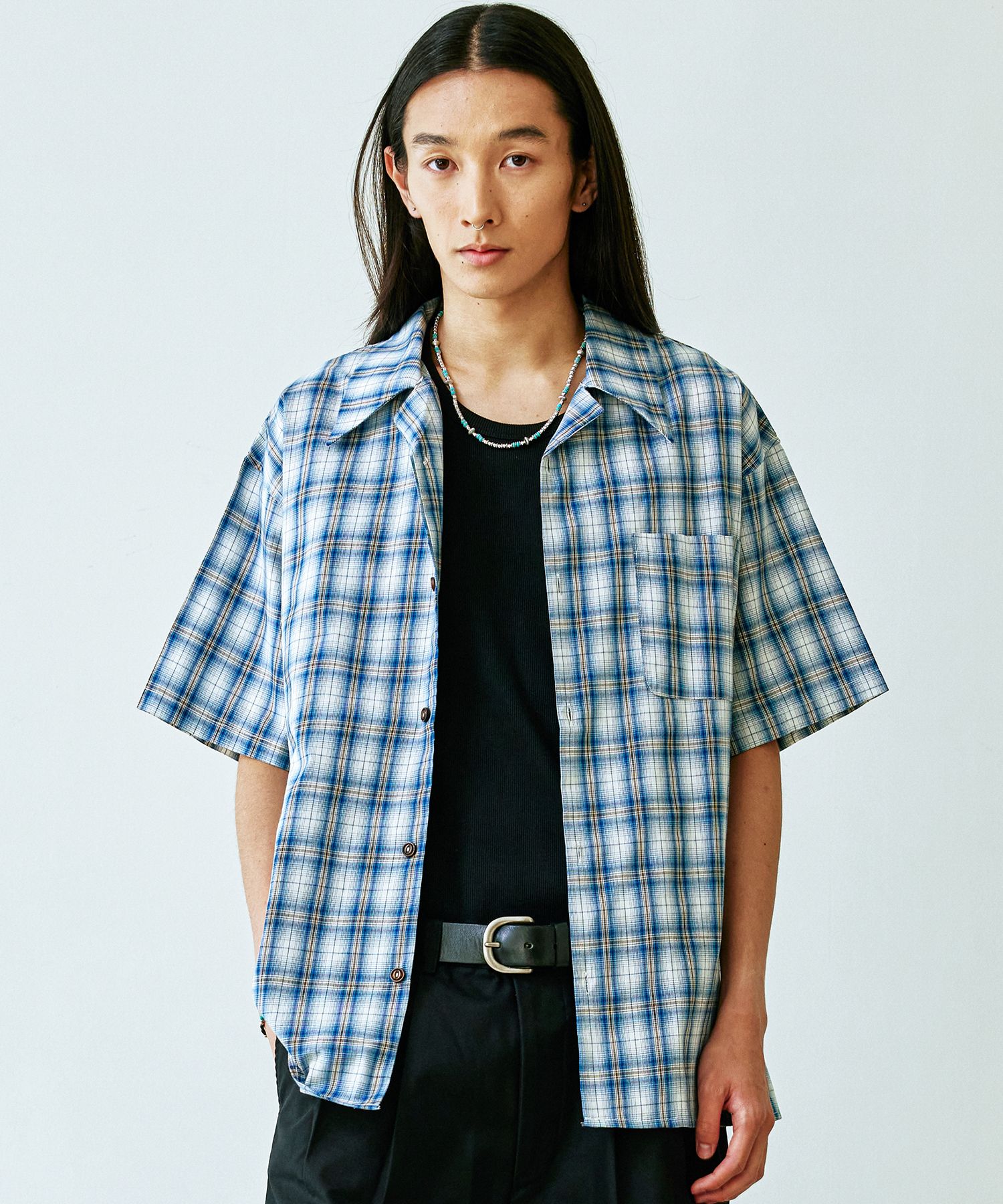 MUSINSA | KND Ocean check open collar shirt