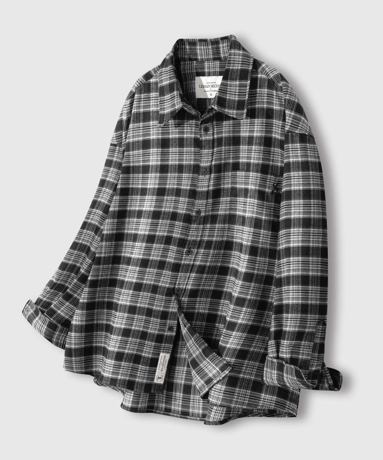 MUSINSA | LEMAIN SECOND Premium Overfit Flannel Pocket Check Shirt [Black]