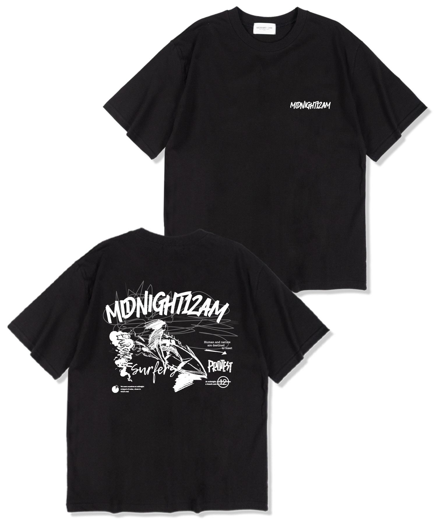 MUSINSA | MIDNIGHT12AM Surfing Sketch Overfit Short Sleeve T-Shirt Black