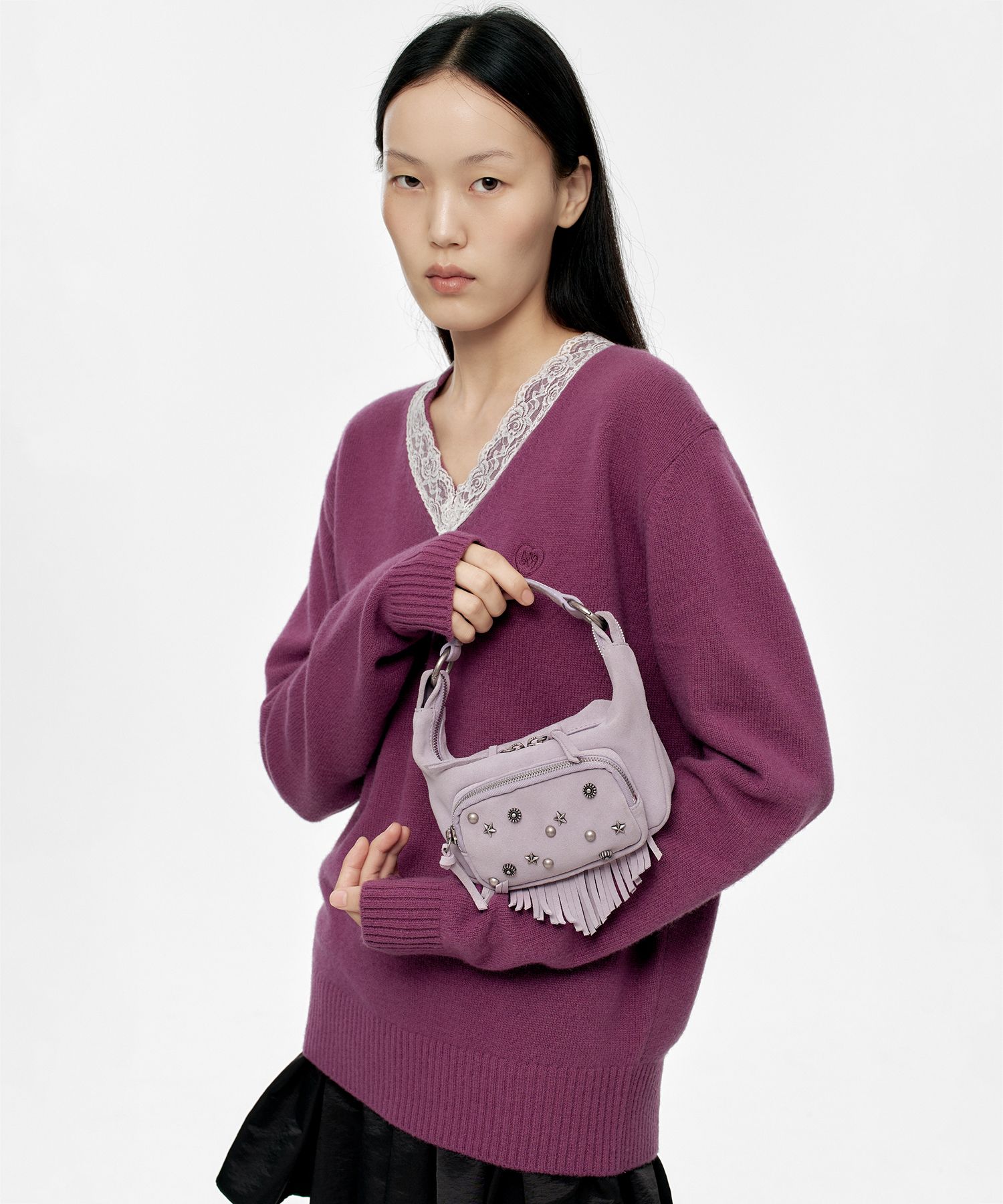 MUSINSA | MARGESHERWOOD CITY HOBO MICRO_lavender grey studded suede