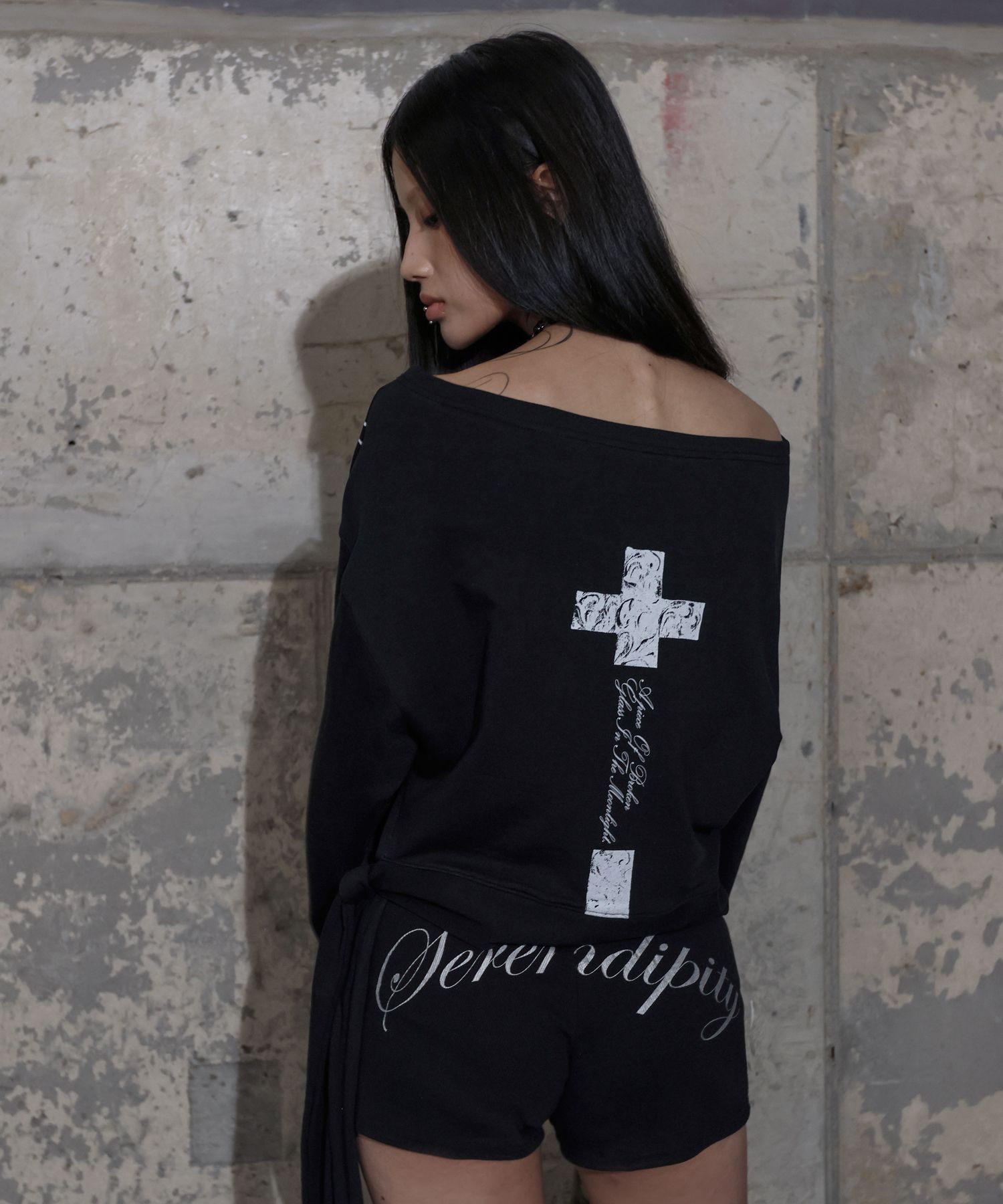 MUSINSA | FANCY CLUB Boatneck Ribbon Tie Sweatshirt (BLACK) F25ZB018