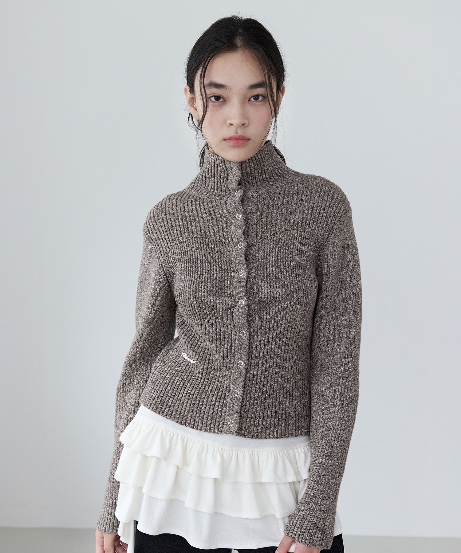 MUSINSA | ROLAROLA RIBBED HIGH NECK KNIT CARDIGAN BROWN