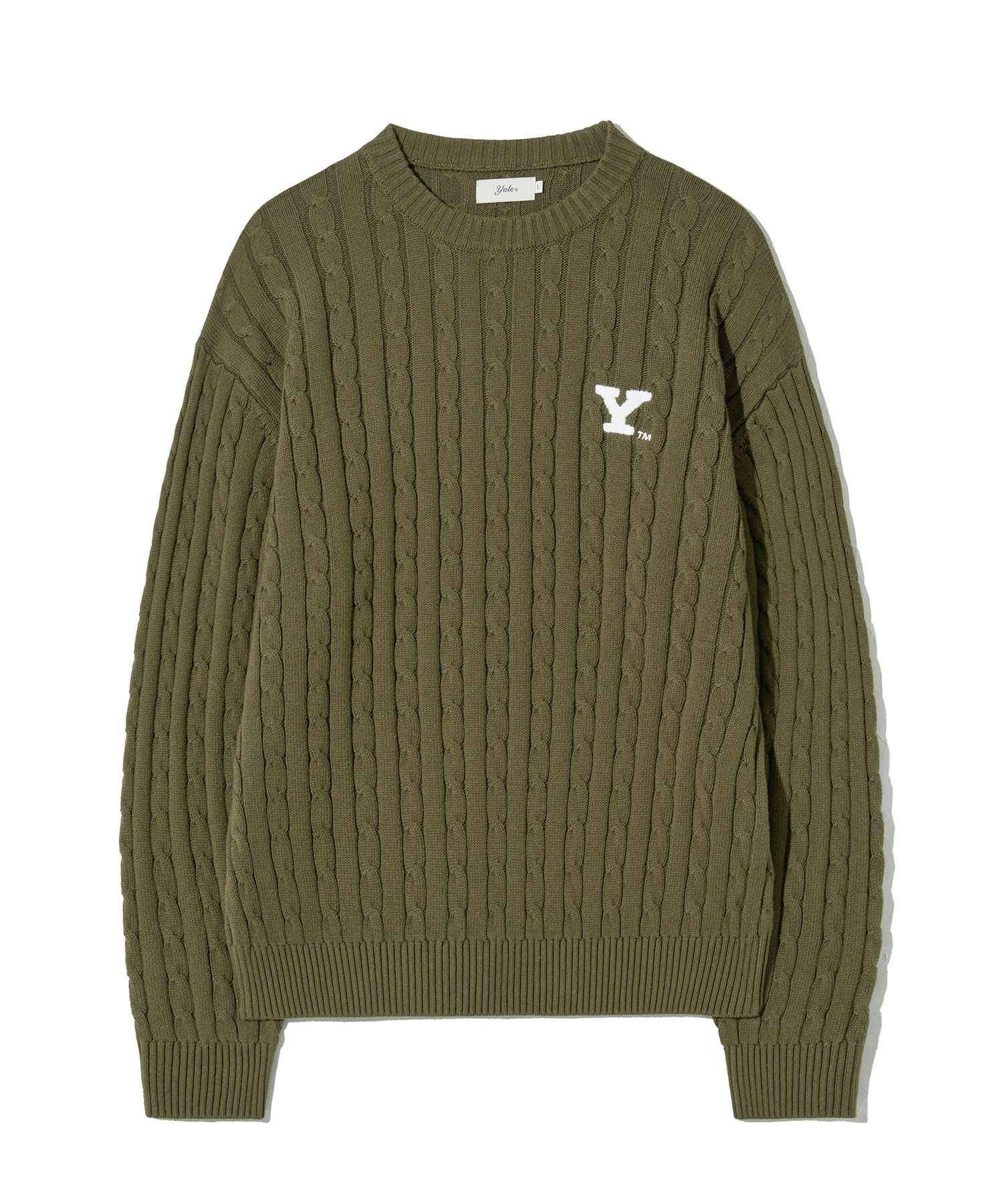 MUSINSA | YALE Y Logo Cable Round Knit Khaki