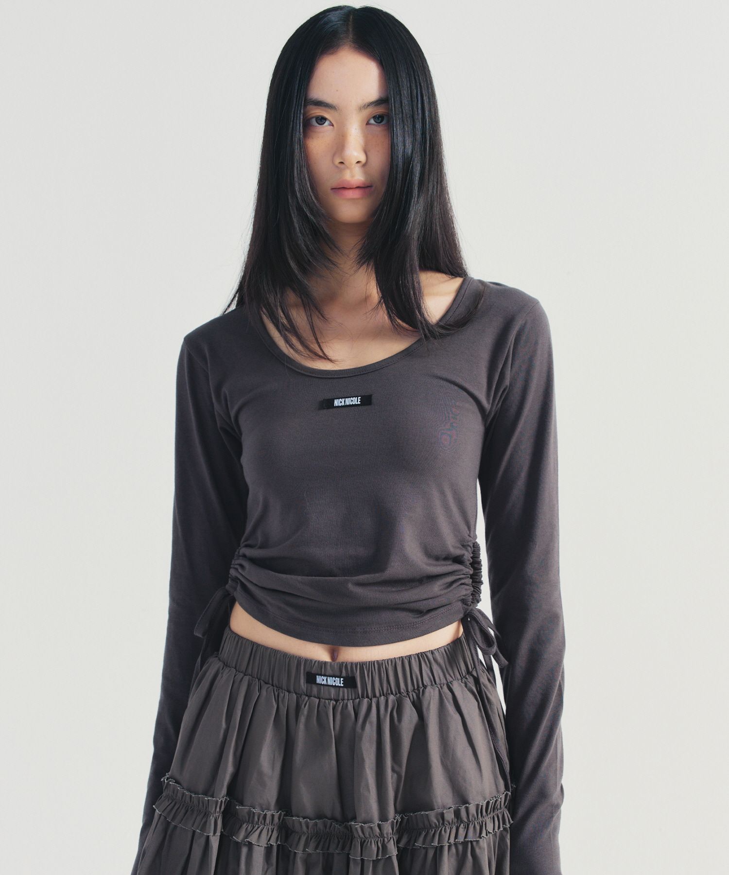 MUSINSA | NICK&NICOLE LABEL STRING SLIM LONG SLEEVE TOP_CHARCOAL