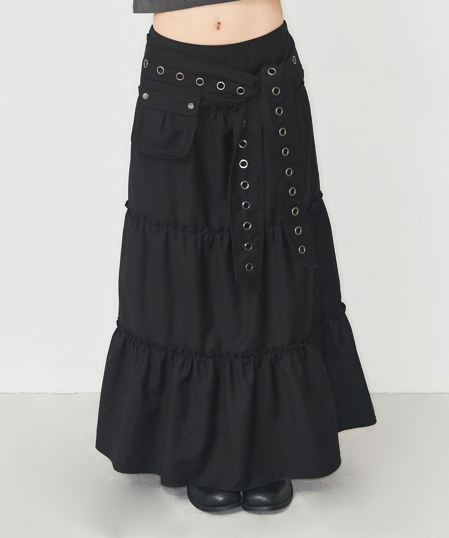 MUSINSA | AS YOU ARE Pocket Frill Long Skirt Black