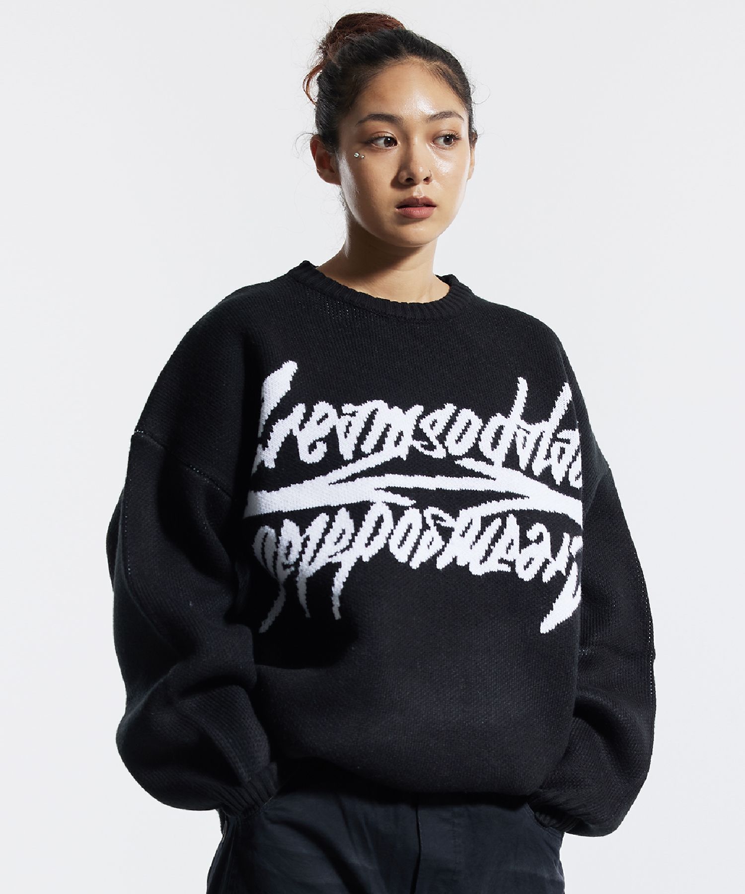 MUSINSA | CREAM SODA LAB Big graphic jacquard knit man-to-man black