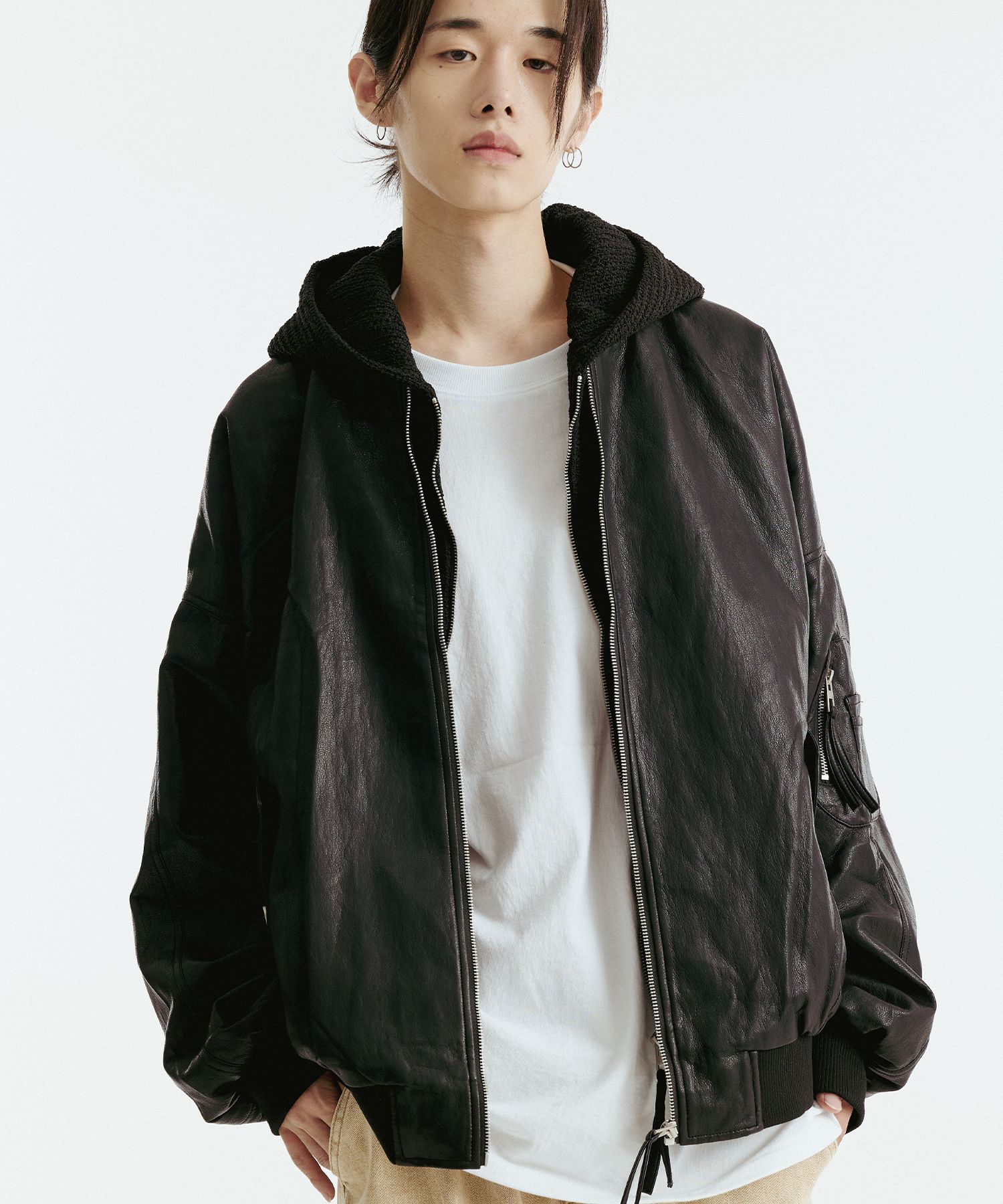 MUSINSA | DOUBLE JD Knit Hooded Leather Jacket (Black)