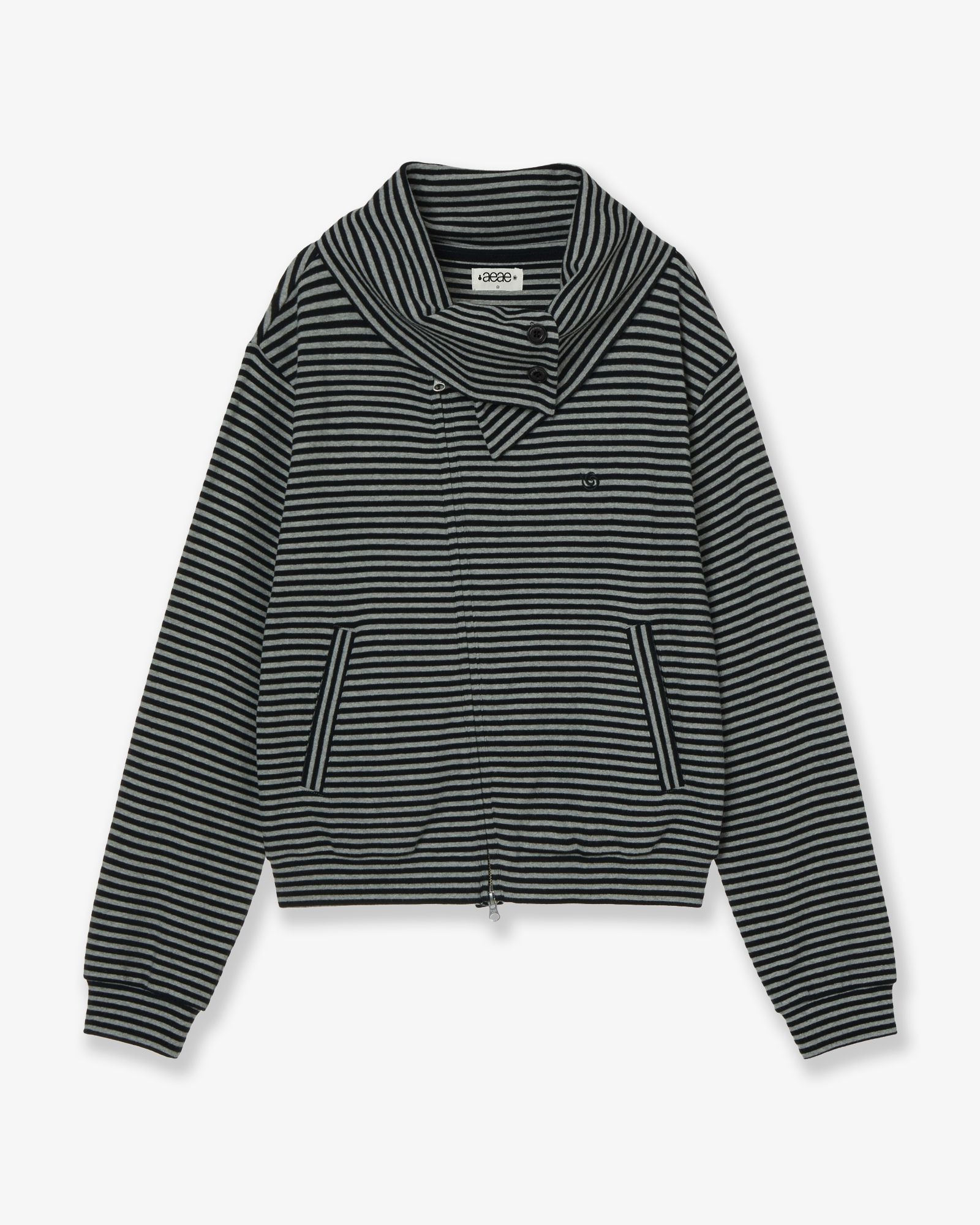 MUSINSA | AEAE STRIPE HIGH NECK ZIP UP [BLACK]