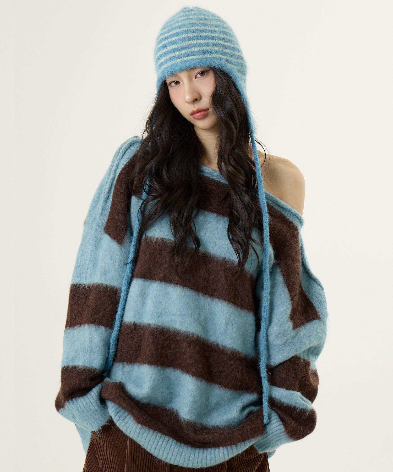 MUSINSA | UNKNOWN PLANET Off-shoulder mohair striped knit in blue-brown