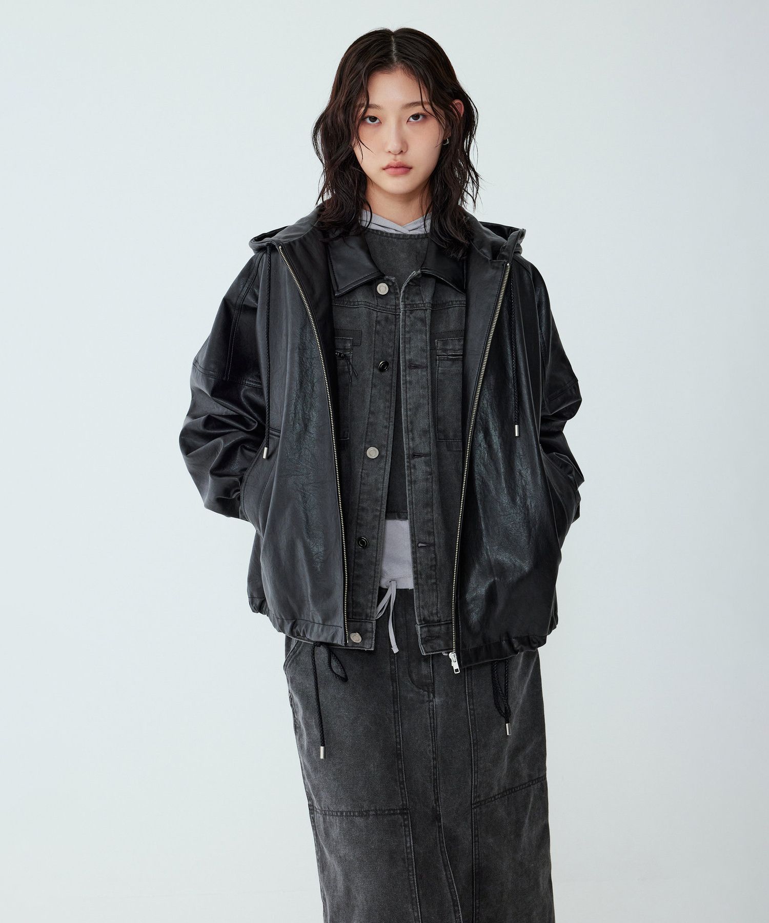 MUSINSA | STUDIO TOMBOY Hoodie oversized synthetic leather jumper_black ...