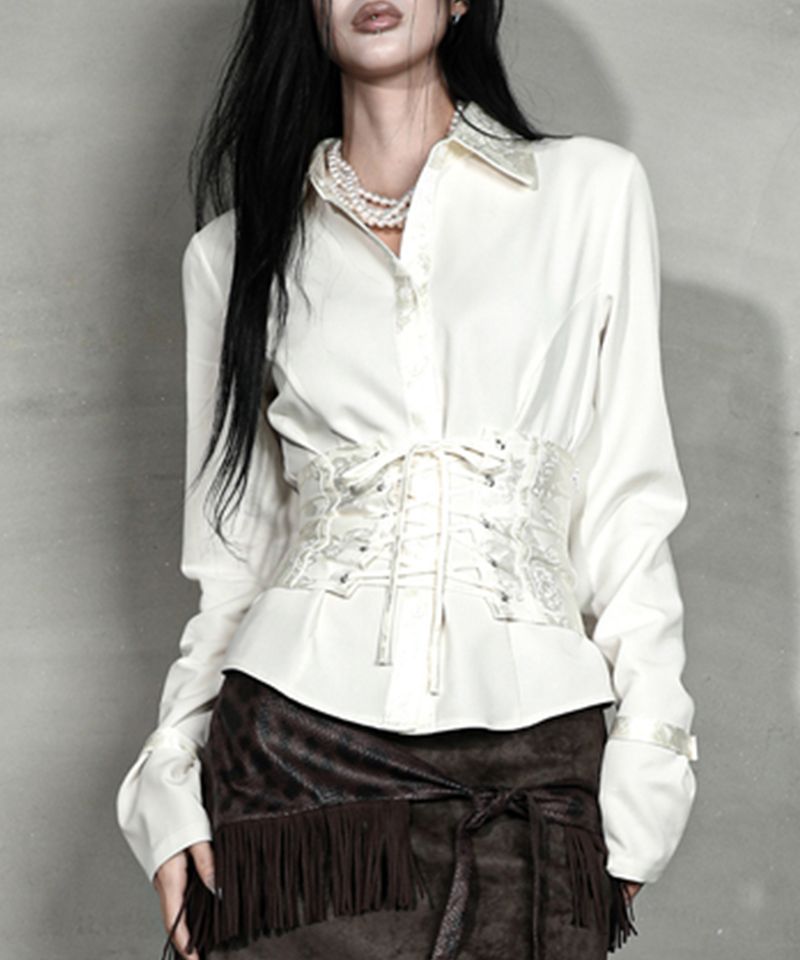 MUSINSA | DARLING, YOU'RE BAD SATIN MIX CORSET SHIRT #IVORY JACQUARD