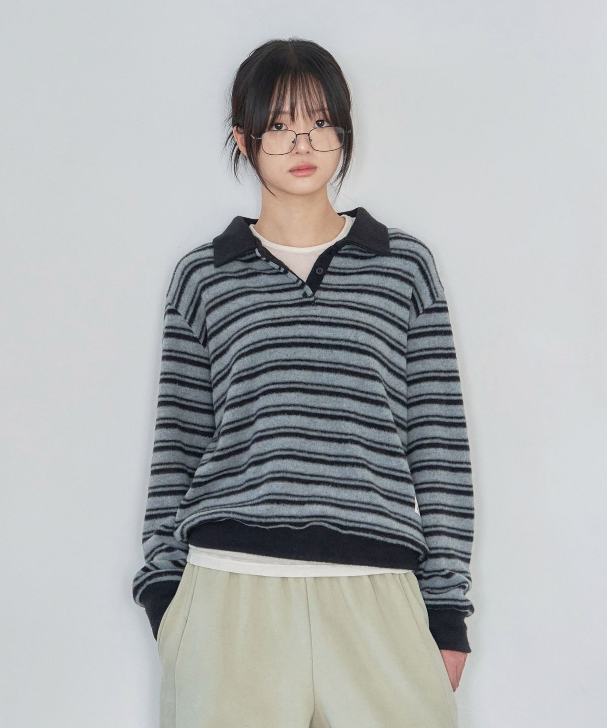키지코(KIJIKO) ke304-Stripe Collar Knit Charcoal - 사이즈 & 후기 | 무신사