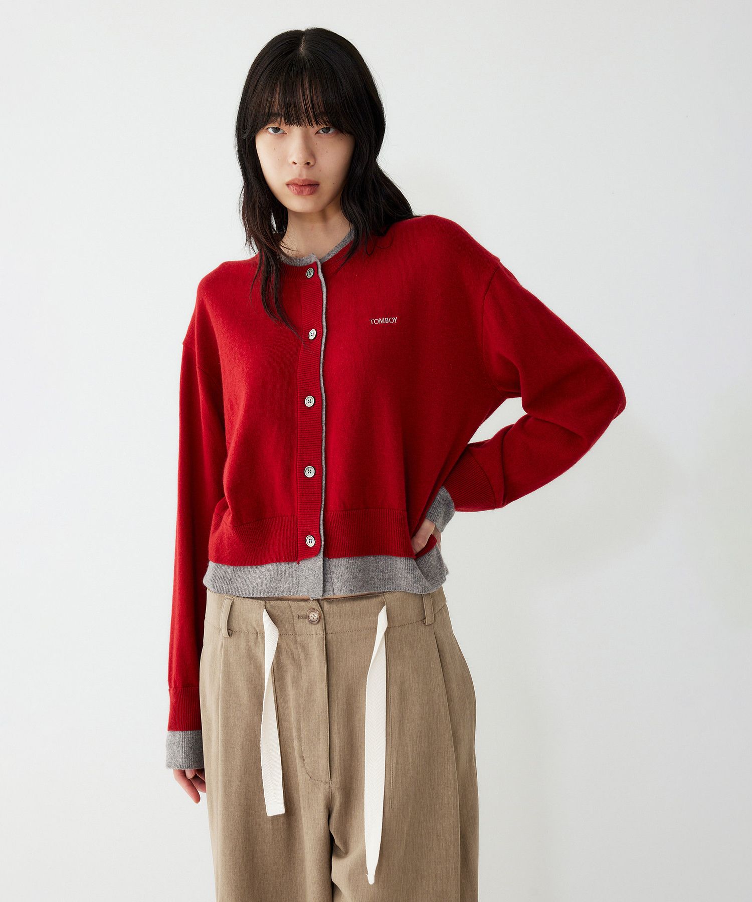 MUSINSA | STUDIO TOMBOY Logo Embroidery Neck Color Cardigan_Red 9105451106