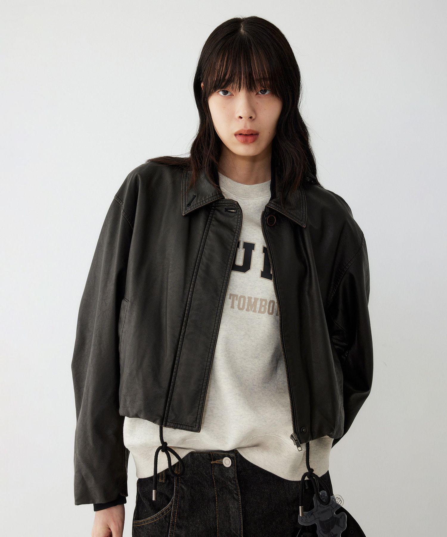 MUSINSA | STUDIO TOMBOY Short Synthetic Leather Jumper_Black 9105361102