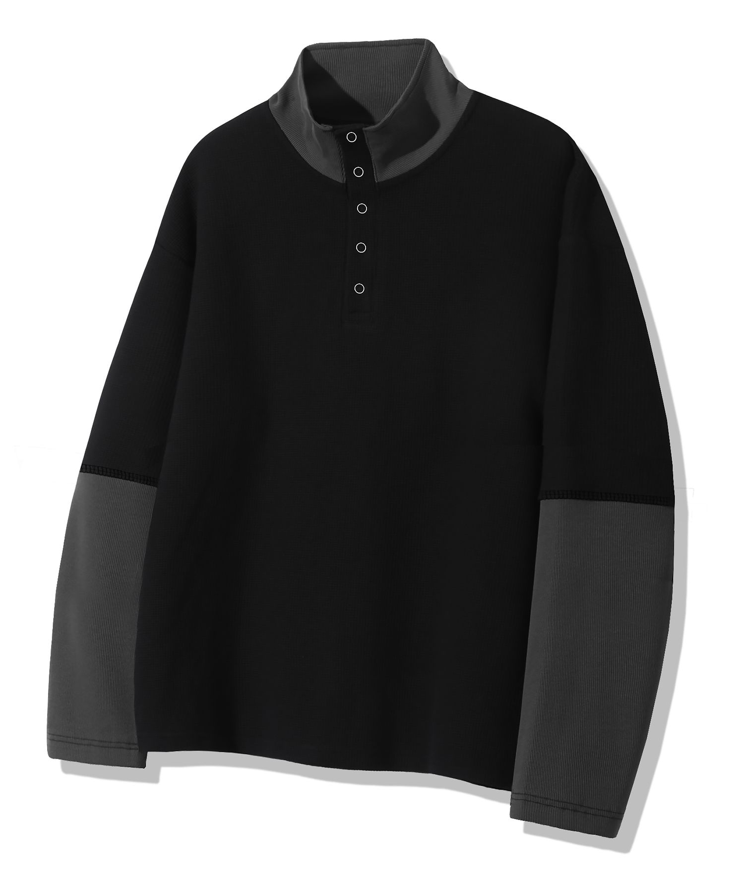 MUSINSA | TRILLION Waffle Ring Snap Collar Henley Neck Long Sleeve_Black