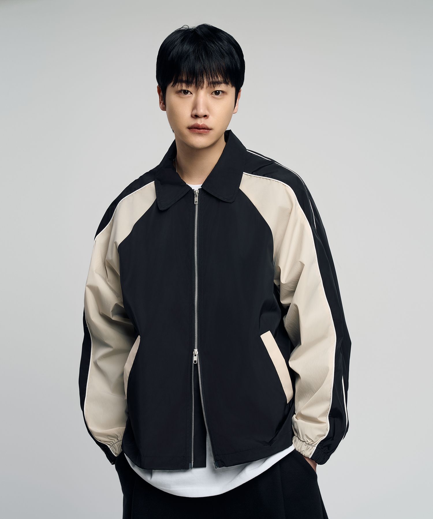 MUSINSA | SLOW RECORD HOUSE Piping Line Nylon Jacket_Black & Beige