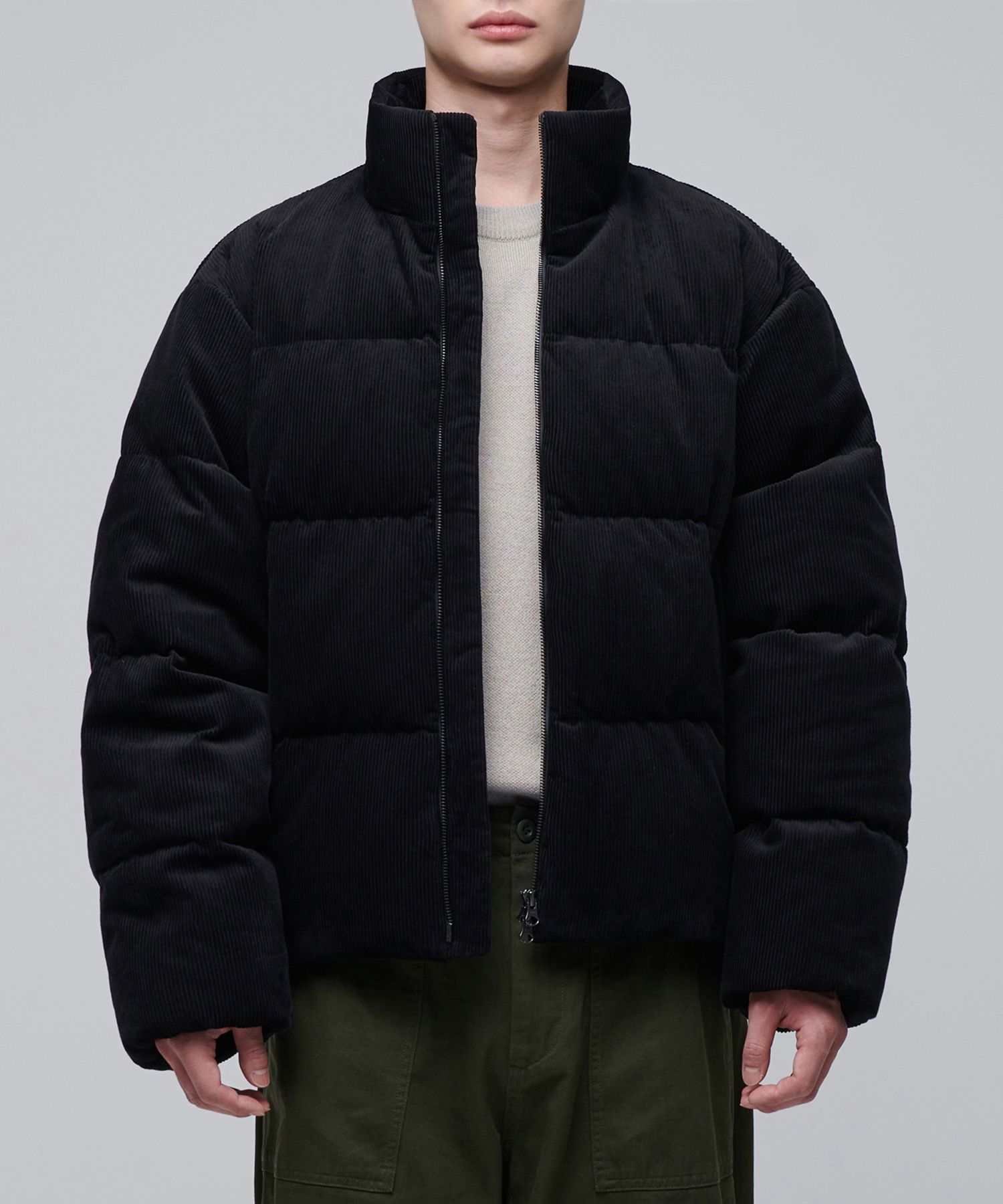 MUSINSA | MUSINSA STANDARD Corduroy Down Puffer Short Padding Jacket [Black]