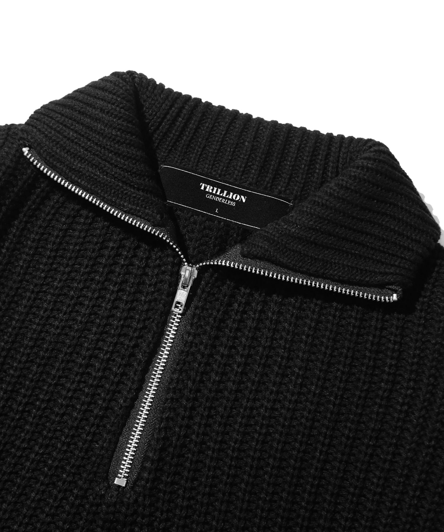MUSINSA | TRILLION Washable Half Zip-up Collar Neck Hachi Knit_PURE BLACK