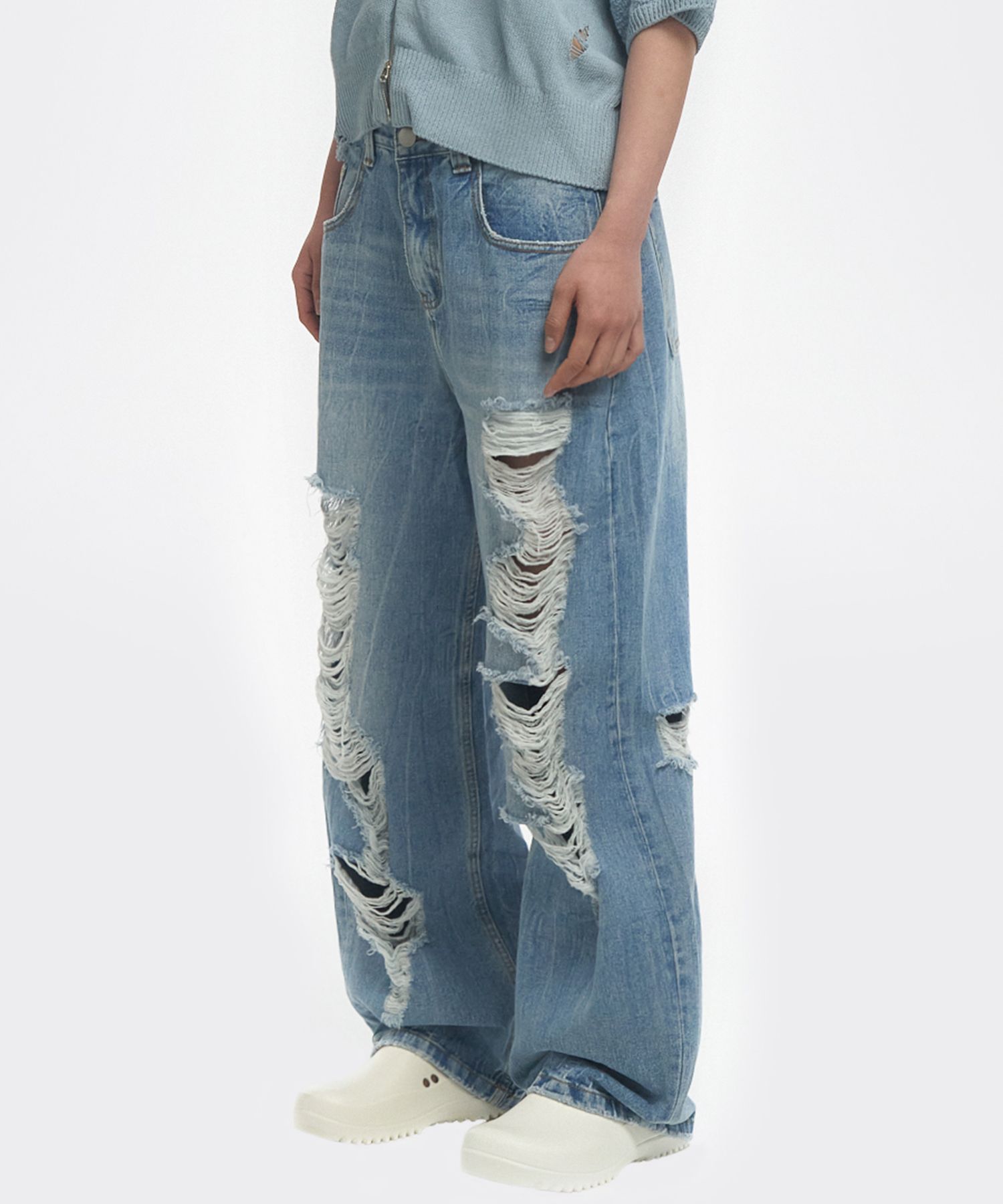 MUSINSA | MILLO ARCHIVE Reflect Curved Damage Pants [Light Blue]
