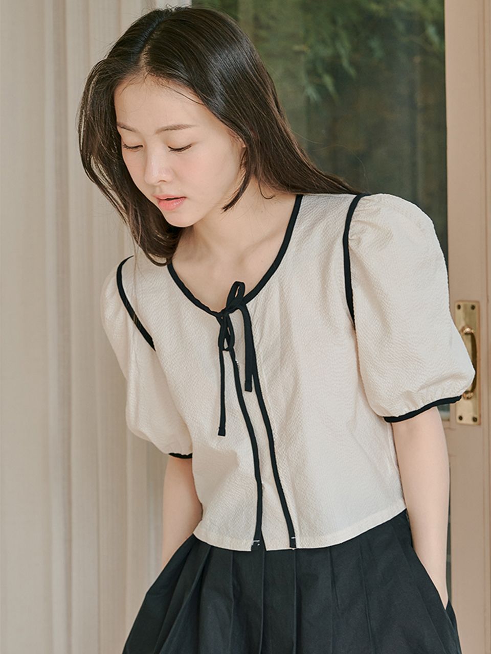 MUSINSA | ANOETIC ANC PIPING RIBBON PUFF BLOUSE_IVORY