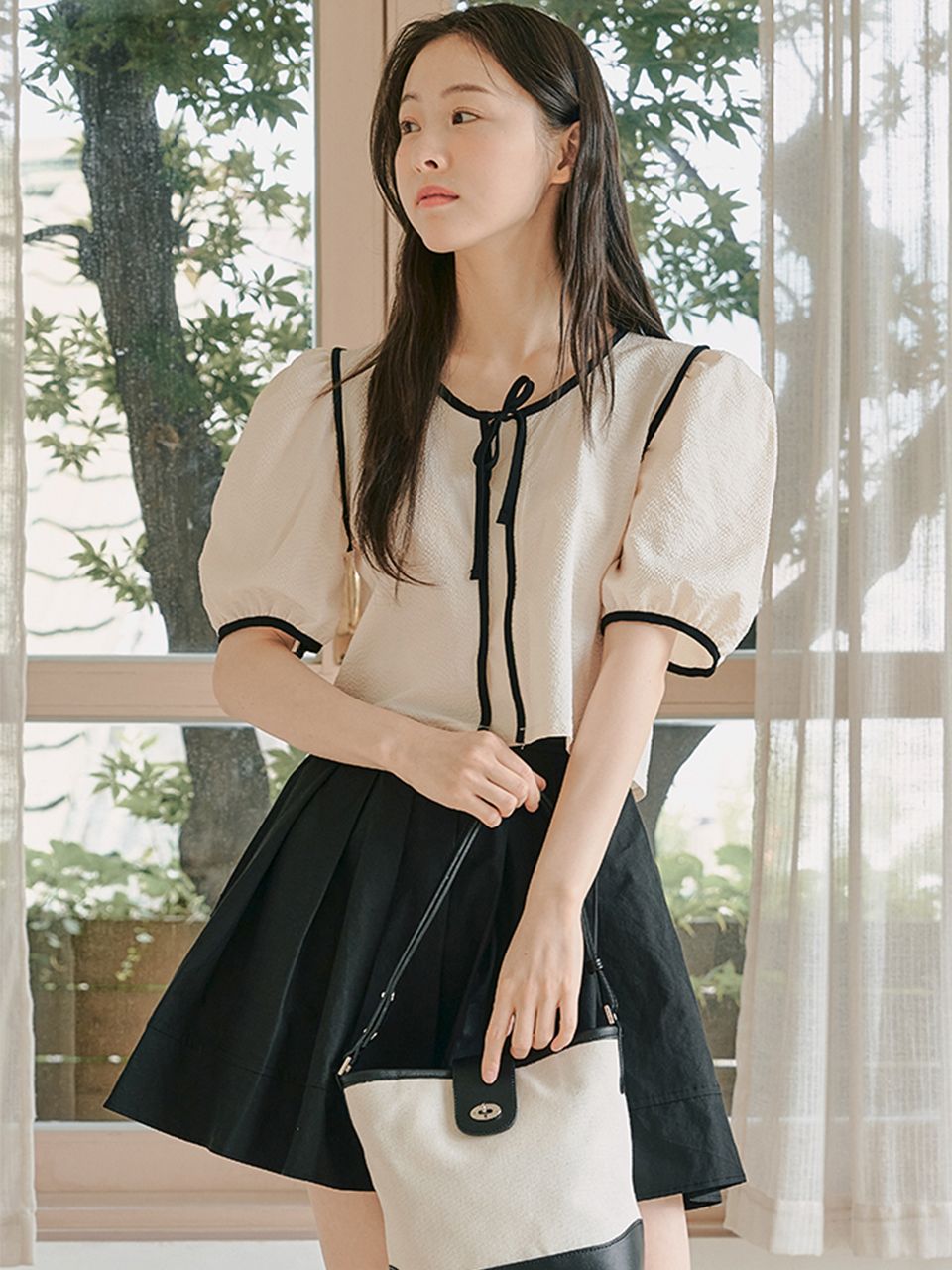 MUSINSA | ANOETIC ANC PIPING RIBBON PUFF BLOUSE_IVORY