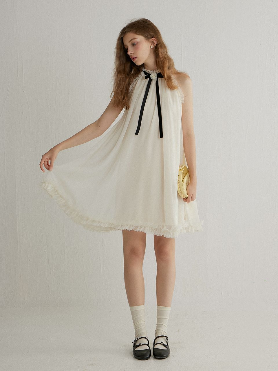 MUSINSA | SINCETHEN halter neck ribbon mini dress