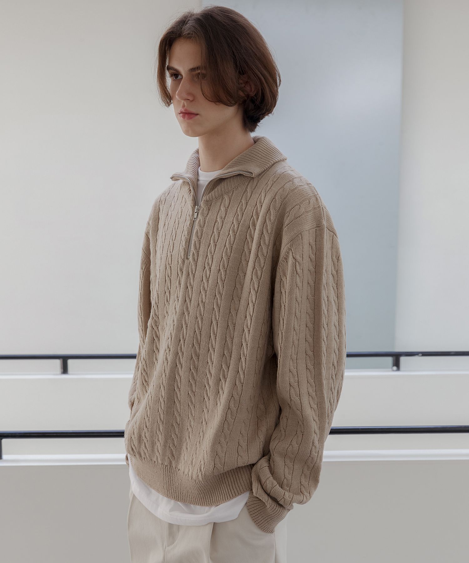 MUSINSA | AGOD Half Zip Up Cara Neck Cable Knit - Beige