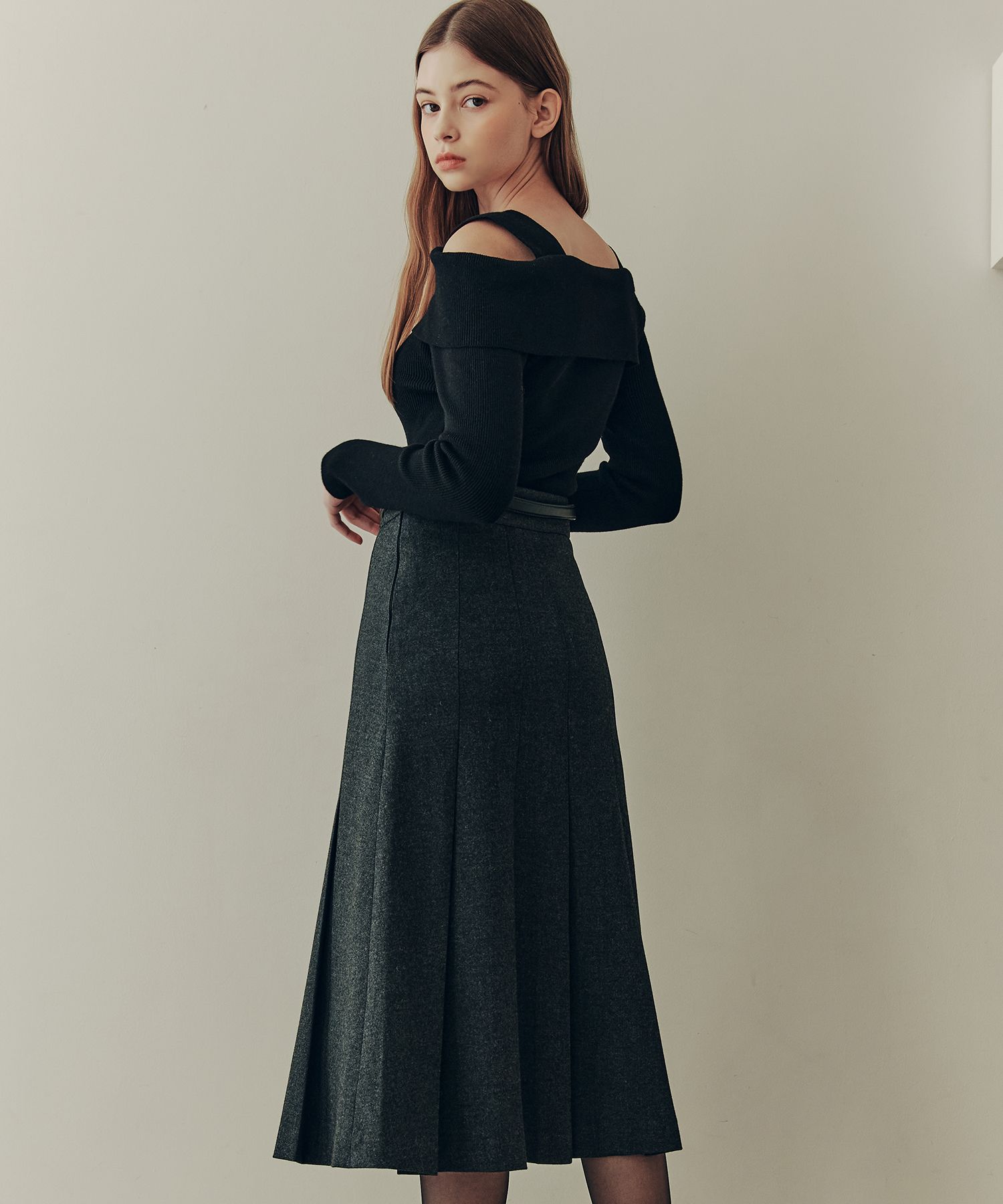 MUSINSA | ZERO STREET Long pleated belt skirt / gray