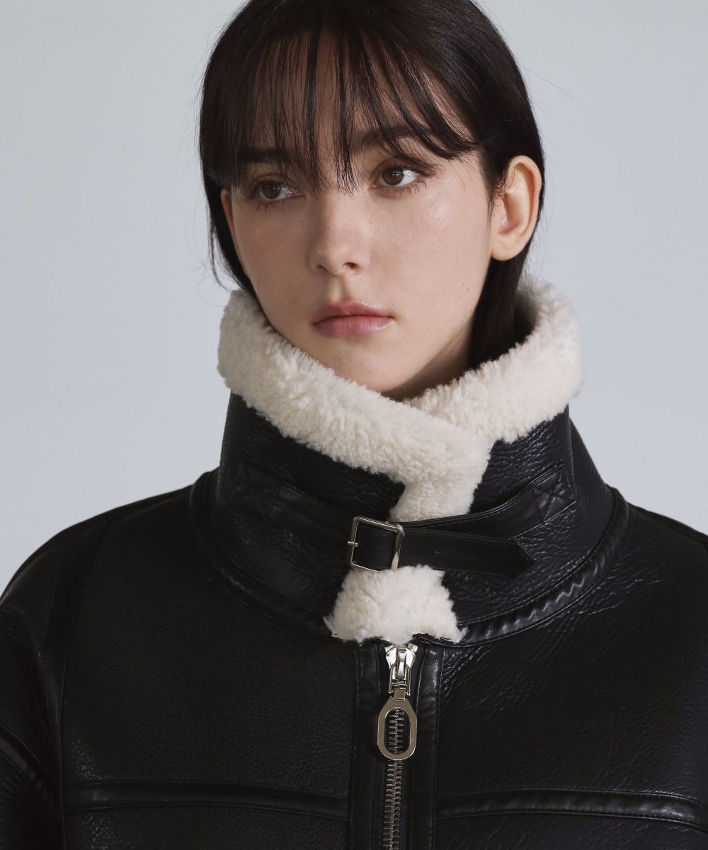 MUSINSA公式 | THE GREEN LAB FAUX Fur High Neck Mustang Jacket [Black/Ivory]