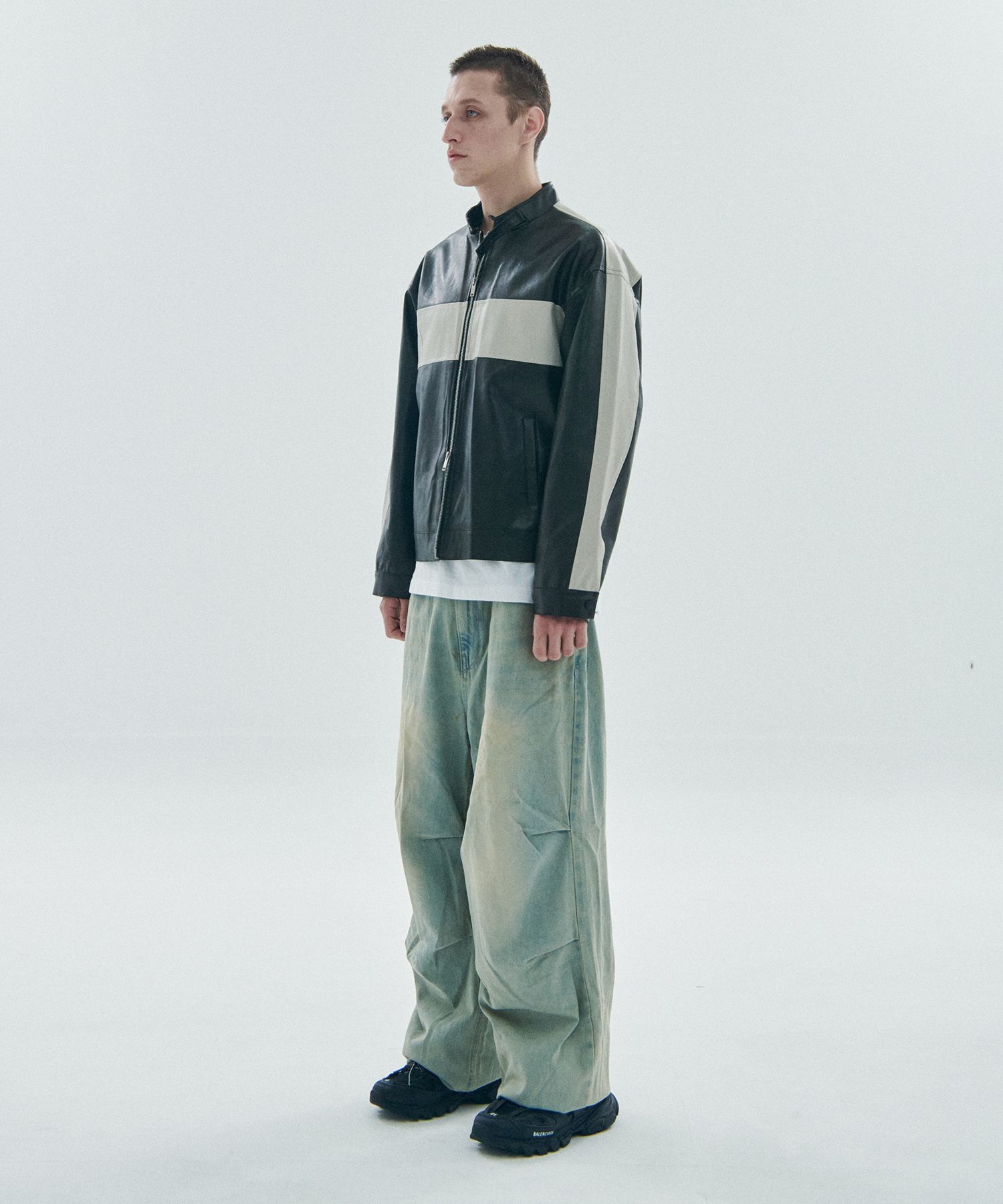 MUSINSA公式 | BLACK MOMENT Vegan leather raglan line bike racing jacket jumper