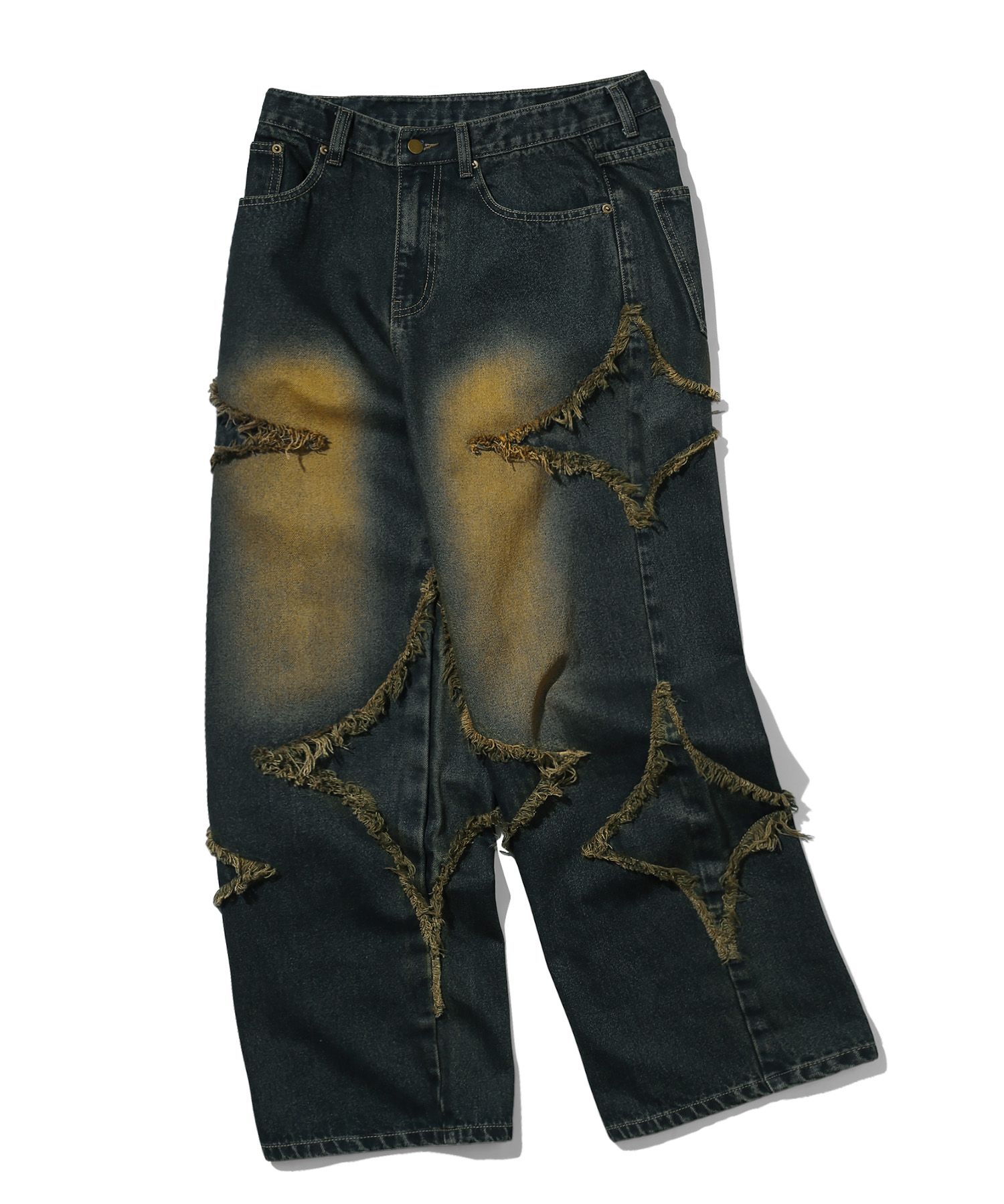 MUSINSA | TRILLION Star Applique Damaged Washed Denim Pants (DEEP GREEN)