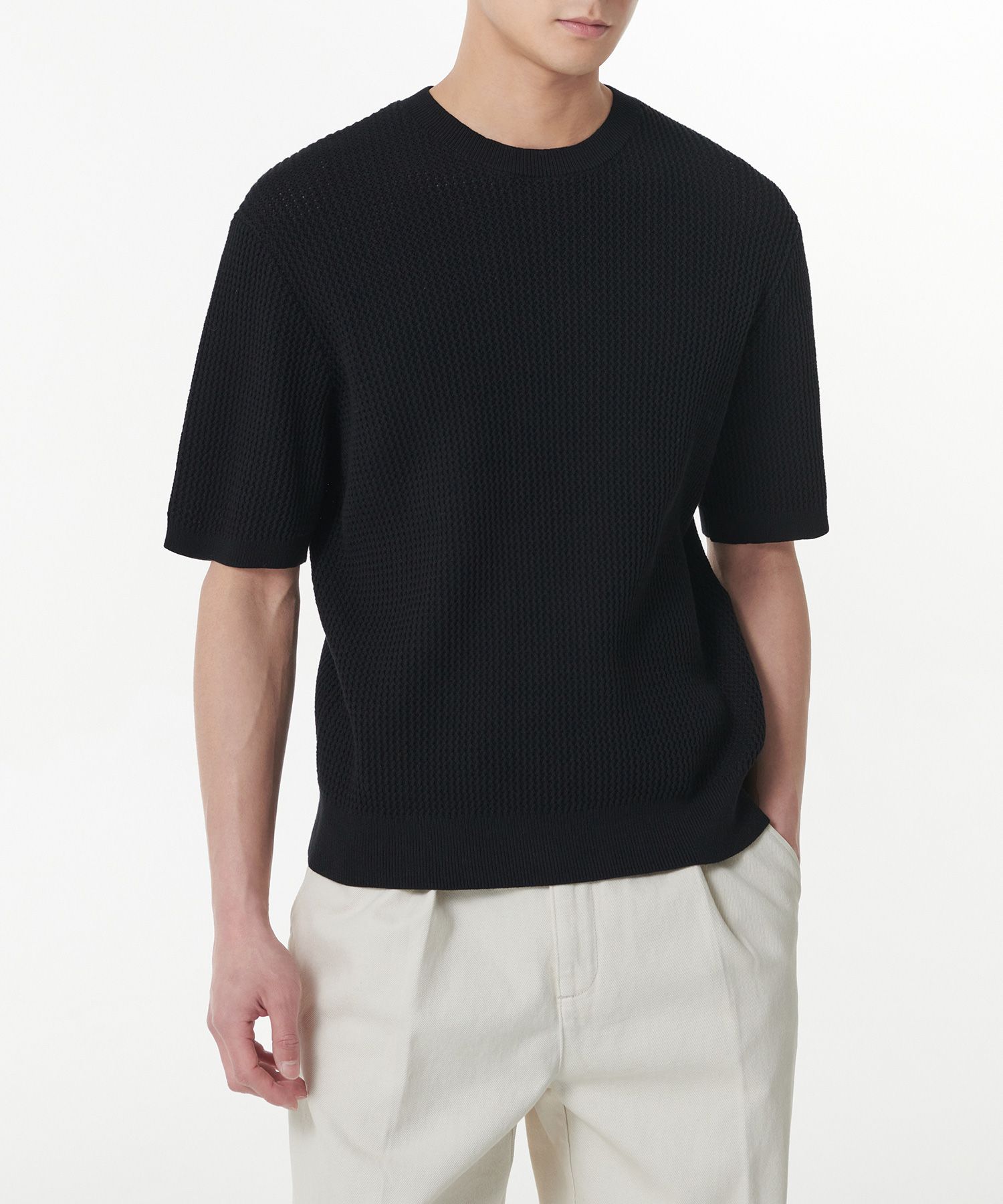MUSINSA | MUSINSA STANDARD Crochet crew neck short sleeve knit [black]